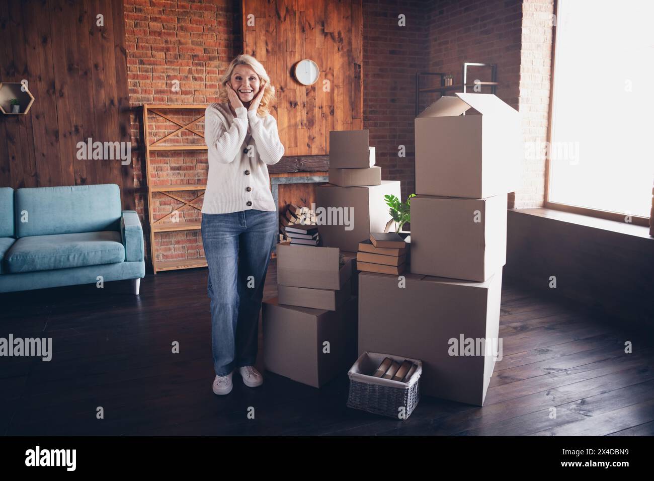 Full body photo of aged lady hands unbelievable pile stack boxes wear ...