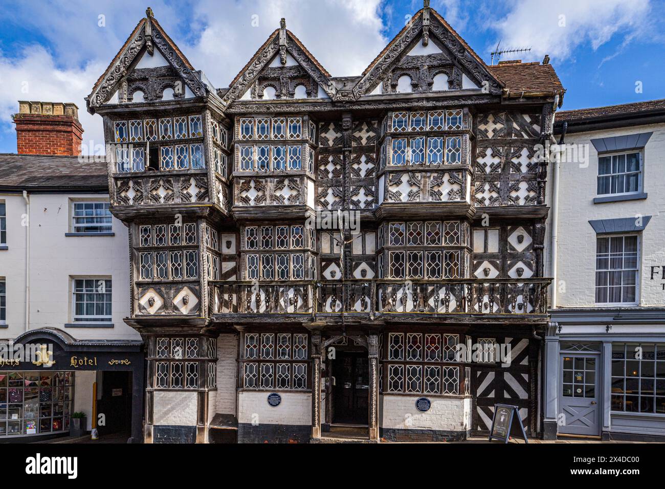The historic Feathers Hotel half-timbered building in the Bull Ring in ...