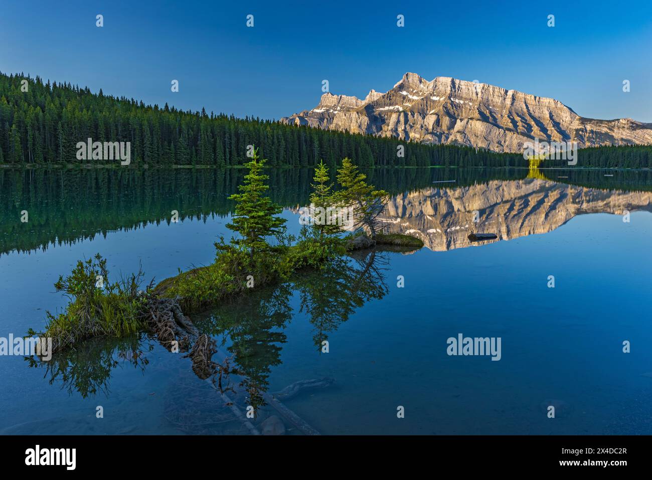 Canada, Alberta, Banff National Park. Mt. Rundle reflected in Two Jack ...