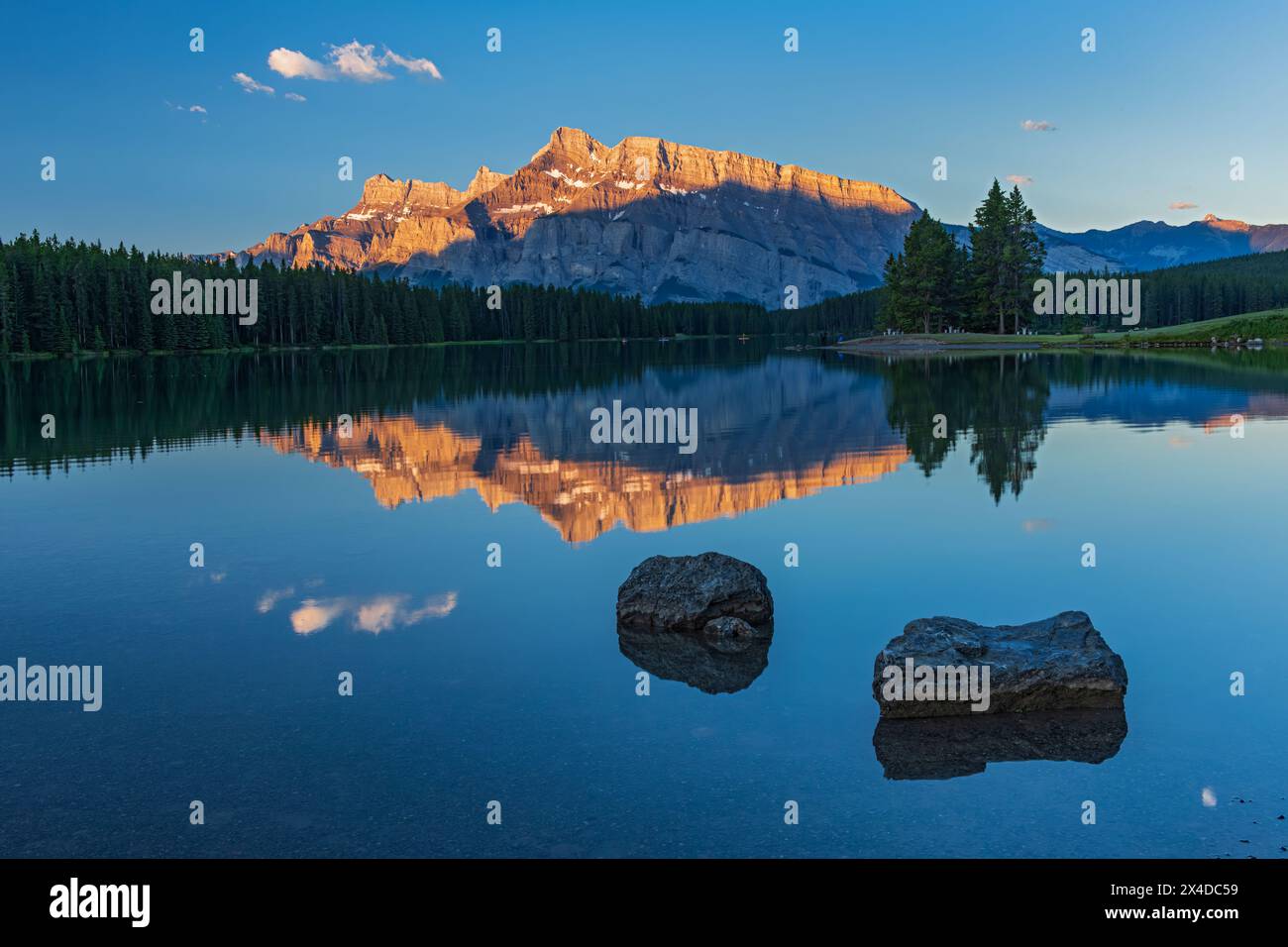 Canada, Alberta, Banff National Park. Mt. Rundle reflected in Two Jack ...