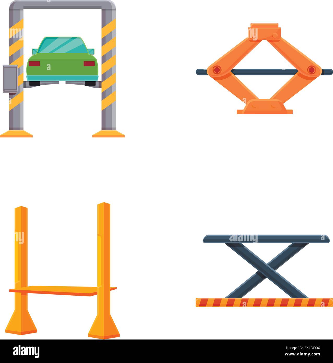 Car inspection icons set cartoon vector. Car lift stand tower with ...