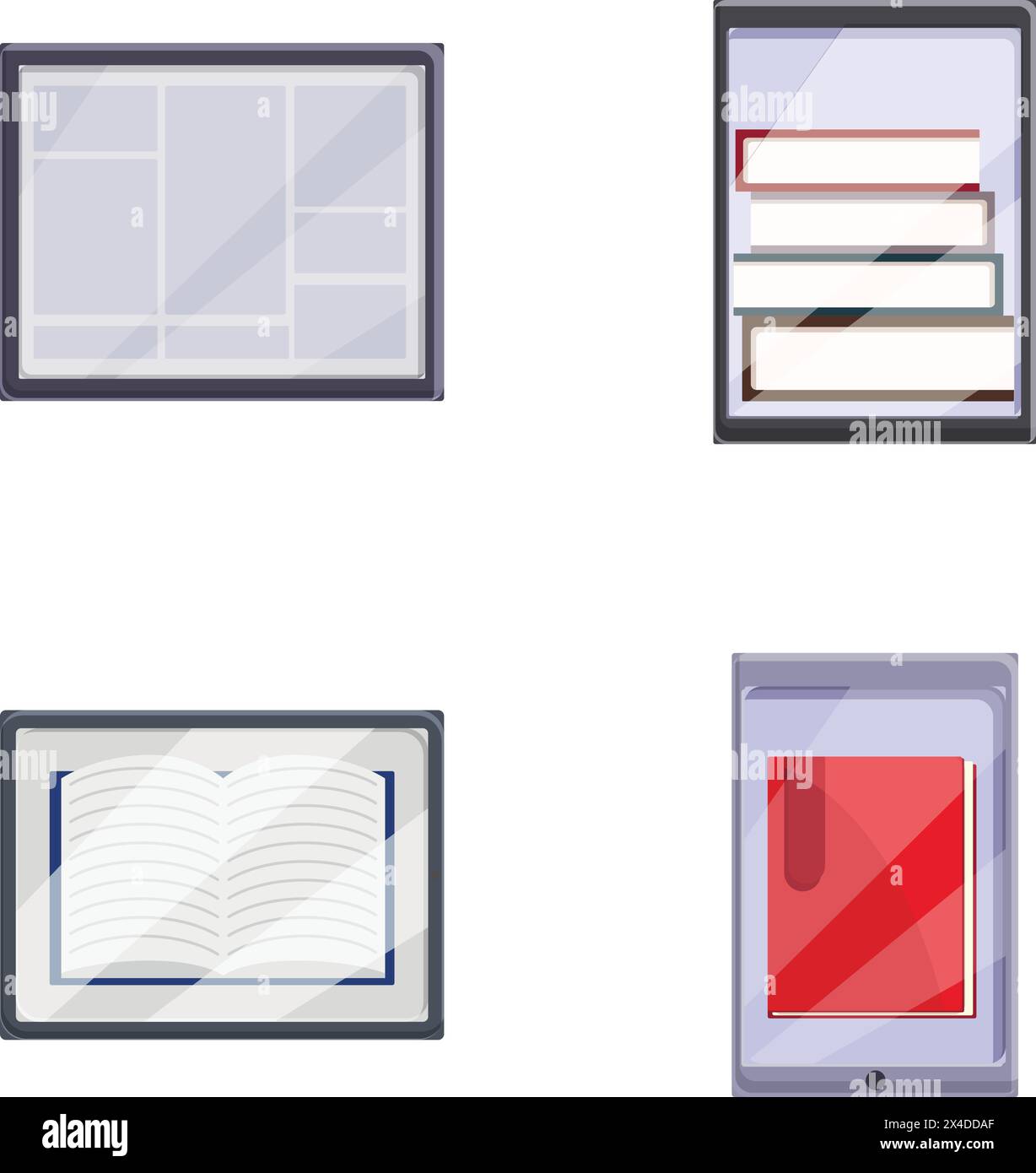 Digital library icons set cartoon vector. Smartphone with various book ...