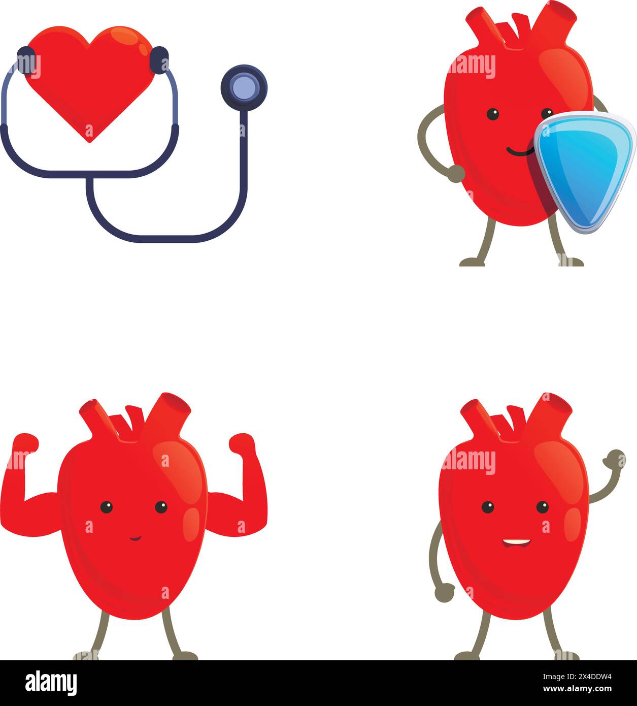 Healthy heart icons set cartoon vector. Cute happy healthy heart organ. Cartoon character Stock ...