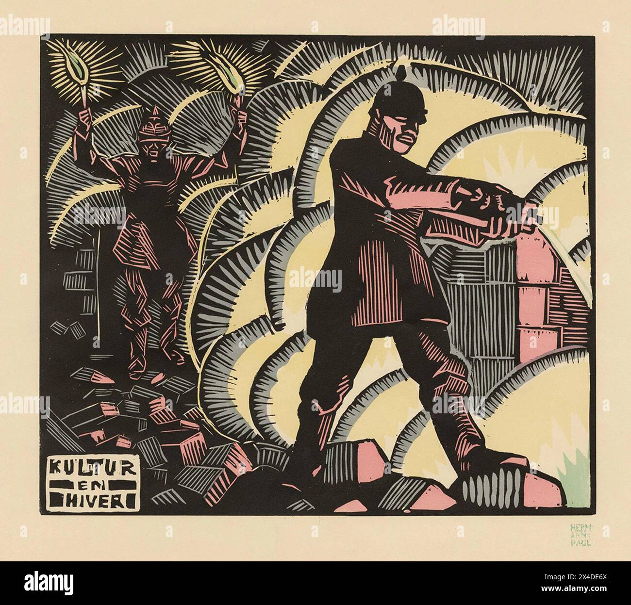 Vintage world War One Art colour woodcut by Hermann-Paul, from series ...