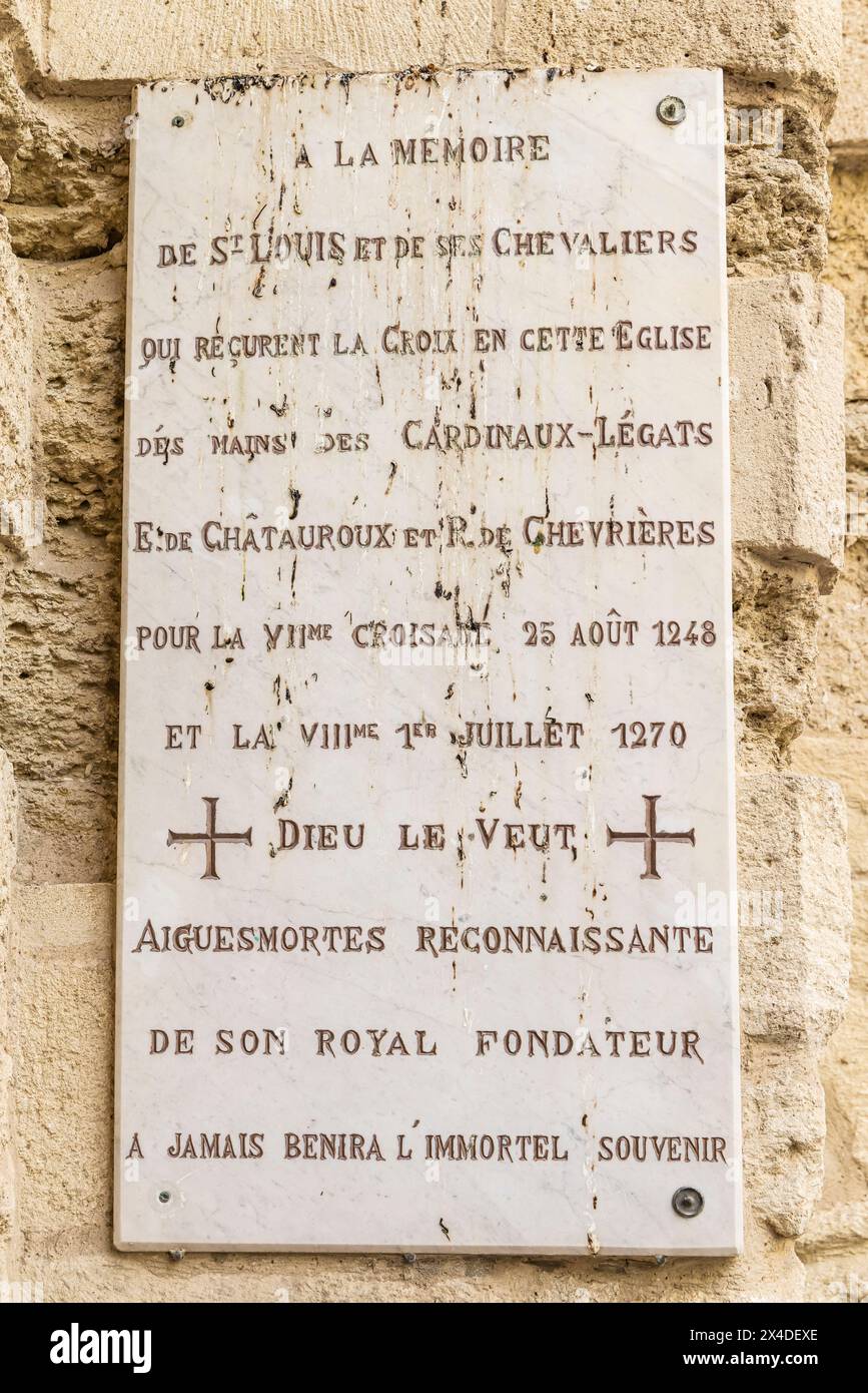 Aigues-Mortes, Gard, Occitania, France. Plaque memorializing the return ...