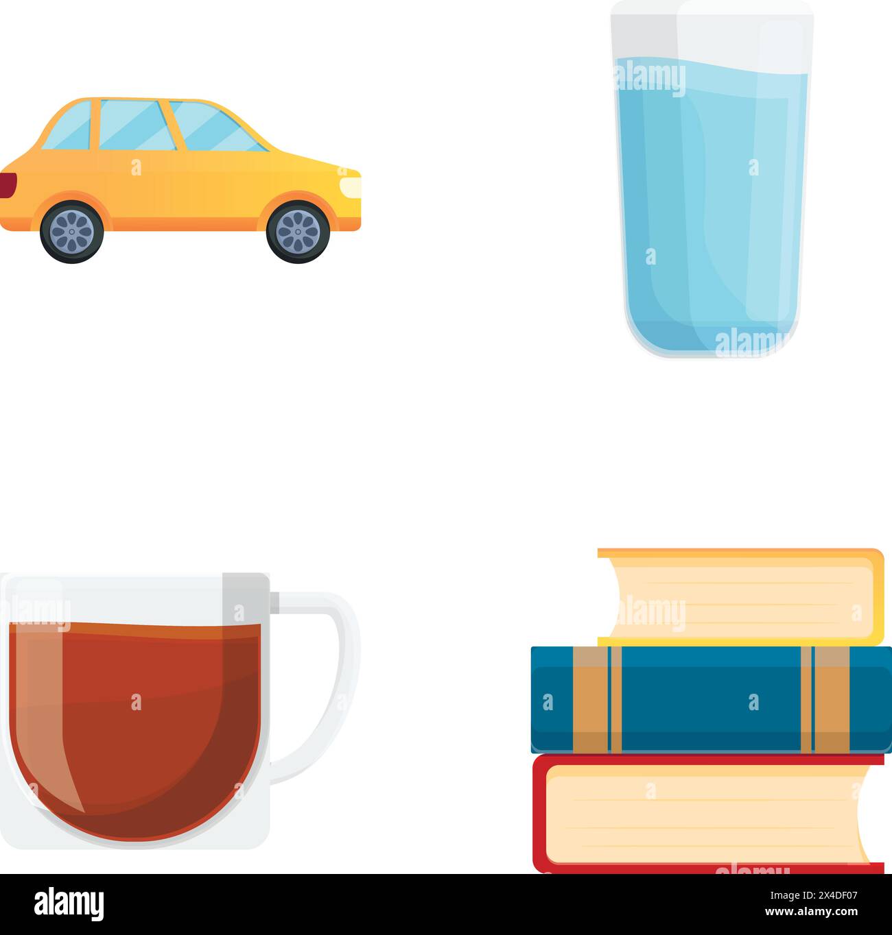 Everyday thing icons set cartoon vector. Car, water glass, tea cup and ...