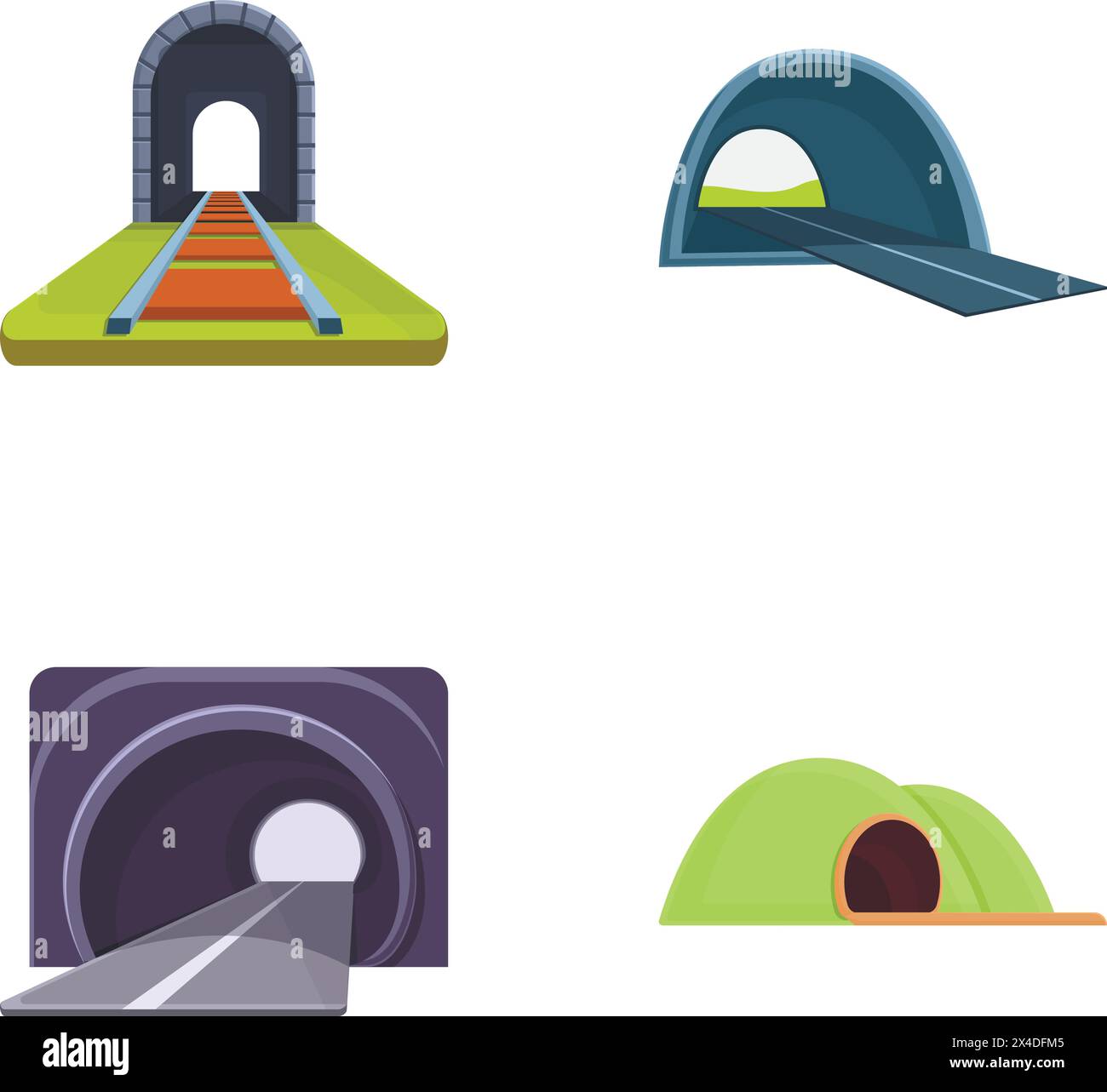 Road tunnel icons set cartoon vector. Interior of walkway tunnel road. Infrastructure concept ...