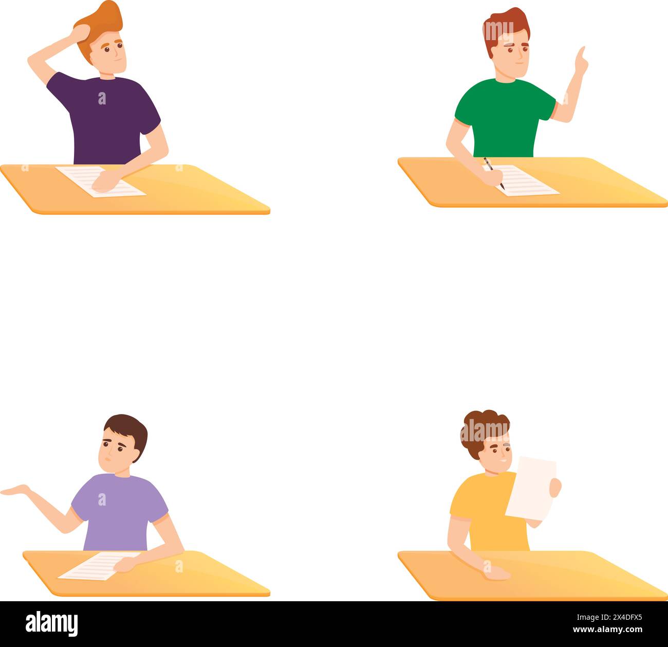 Passing exam icons set cartoon vector. Young people taking exam ...