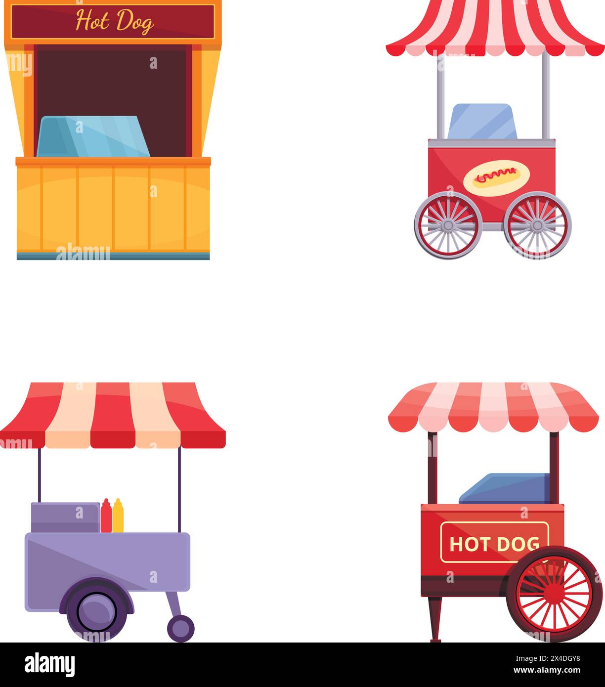 Street food icons set cartoon vector. Hot dog street food cart. Outdoor ...