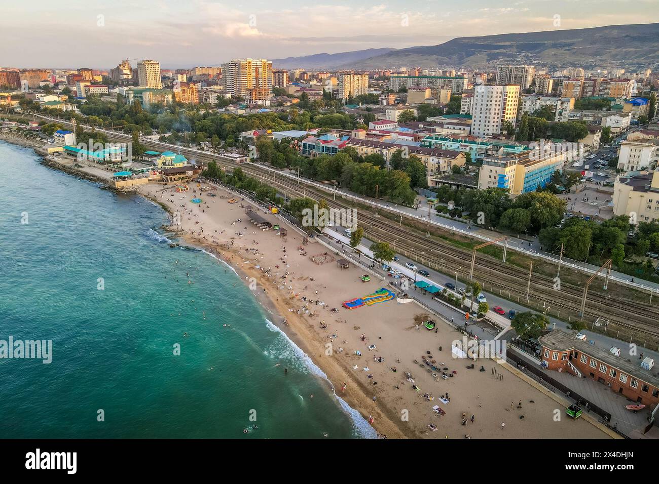 The aerial drone picture of Caspian sea beach in the city of ...
