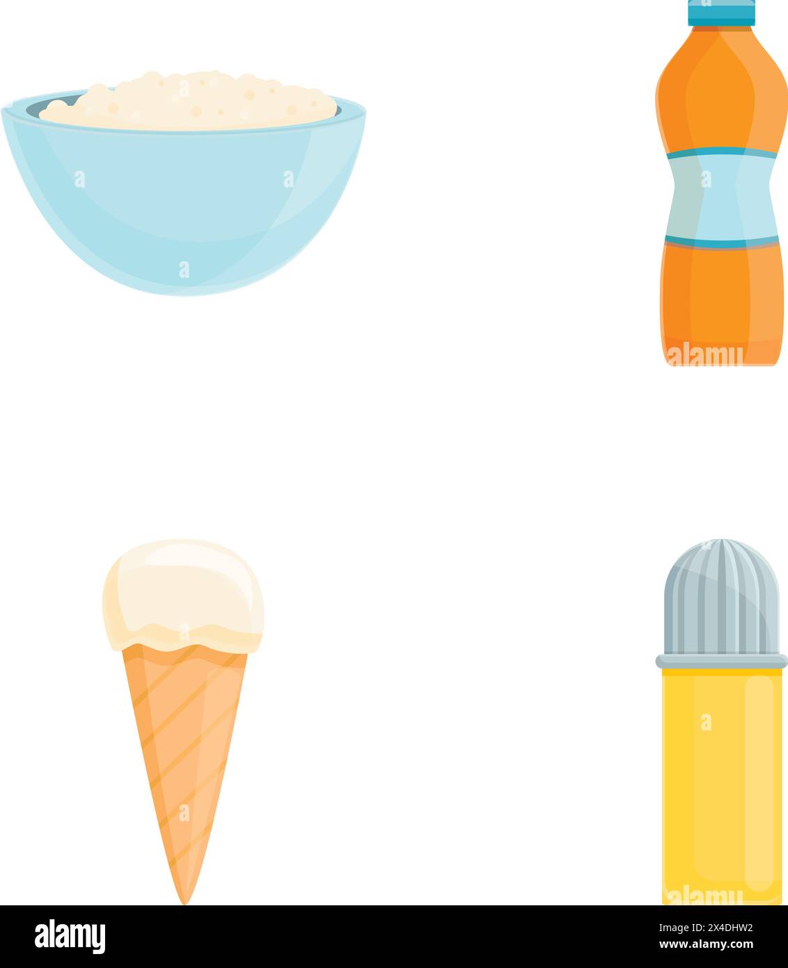 Milk product icons set cartoon vector. Cottage cheese, ice cream ...