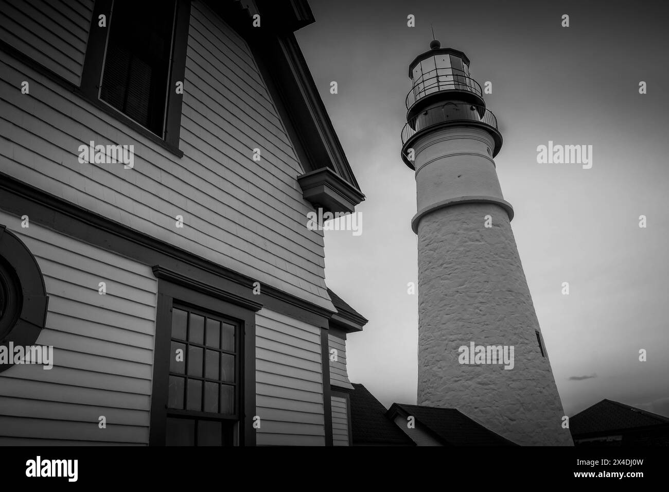 The black & white photo of the old Portland lighthouse in Maine ...