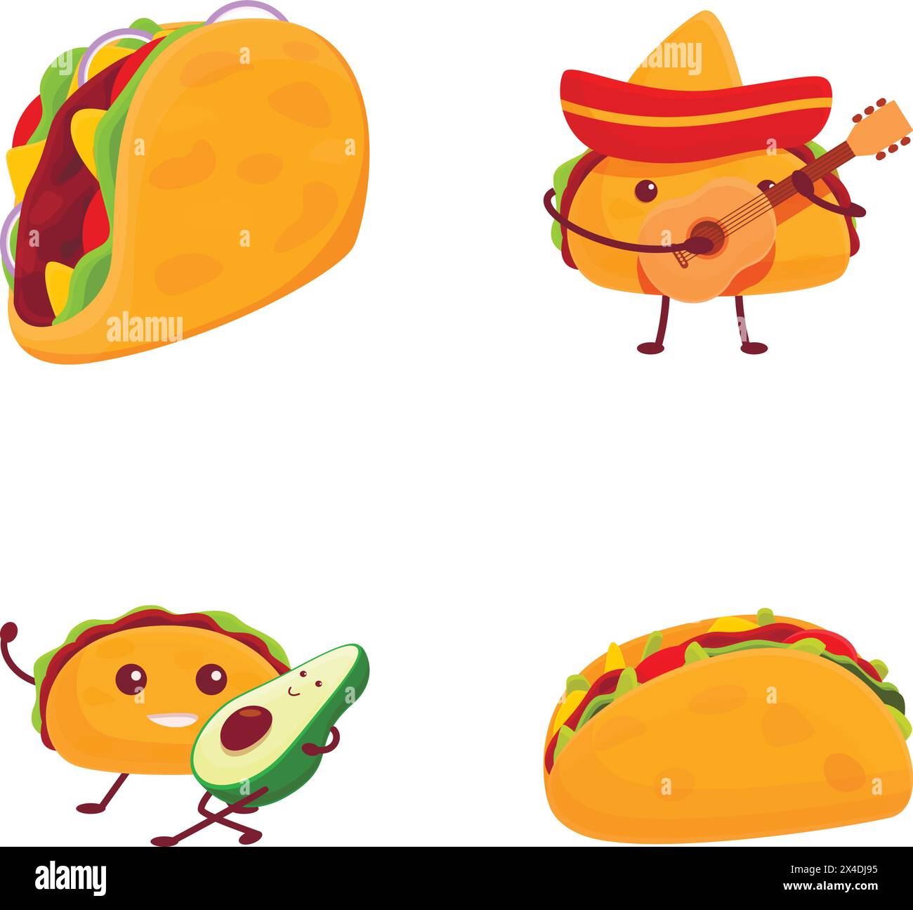 Taco character icons set cartoon vector. Cute cartoon fast food tacos ...