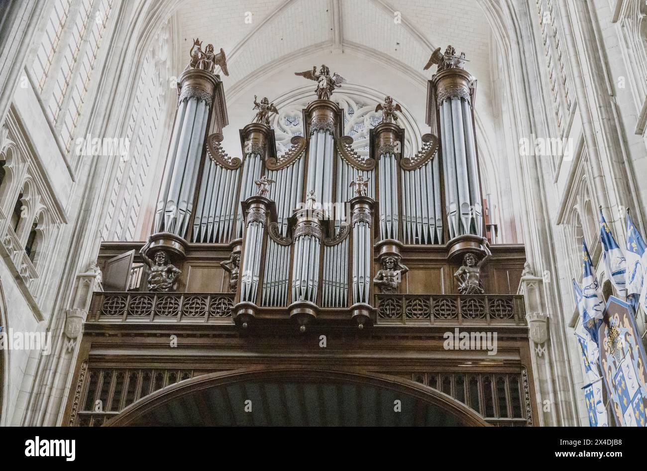 Massive organ in the Cathedral of the Holy Cross Orleans, France Stock ...
