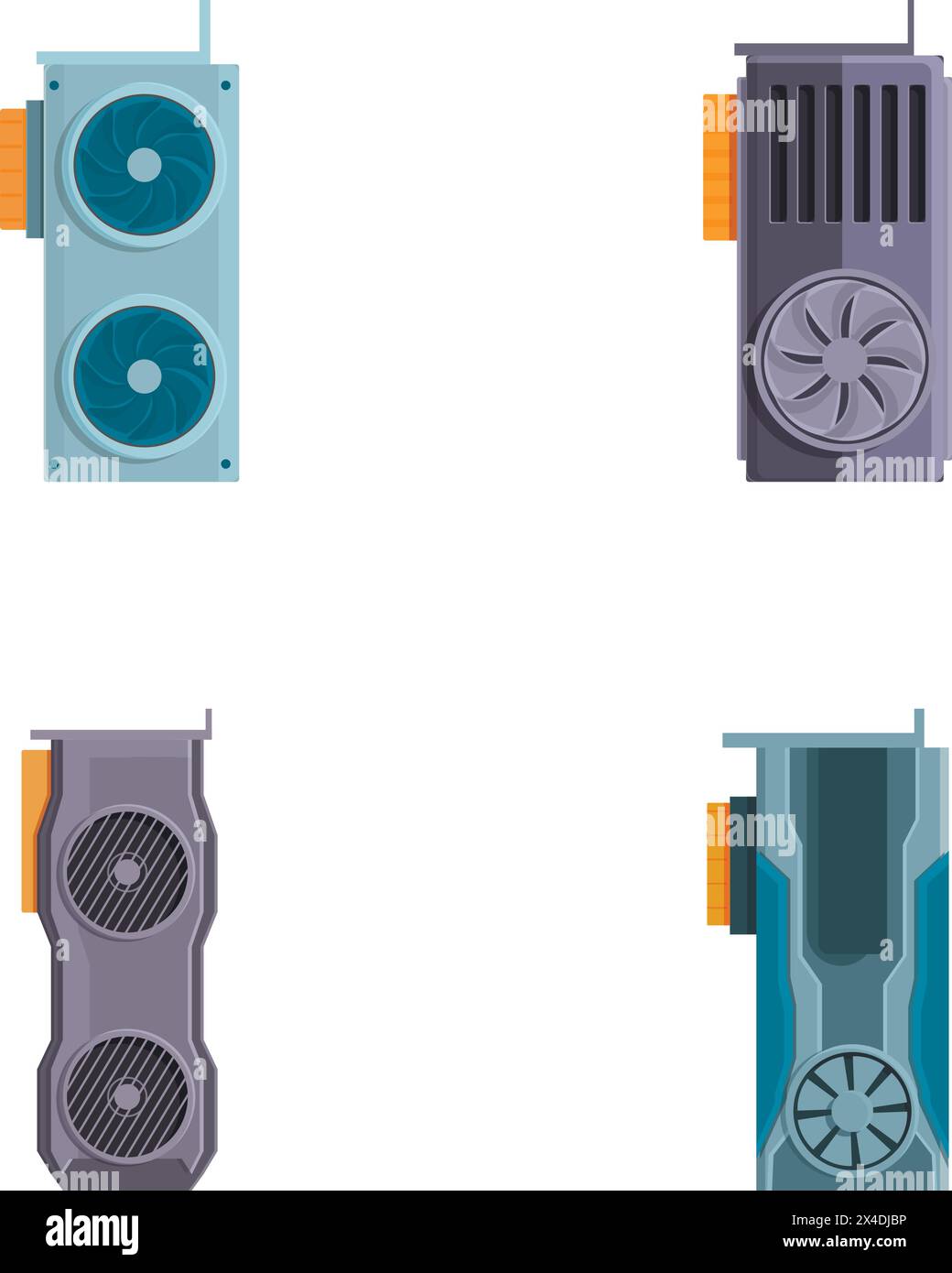 Gpu icons set cartoon vector. Computer graphic card with cooling fan ...