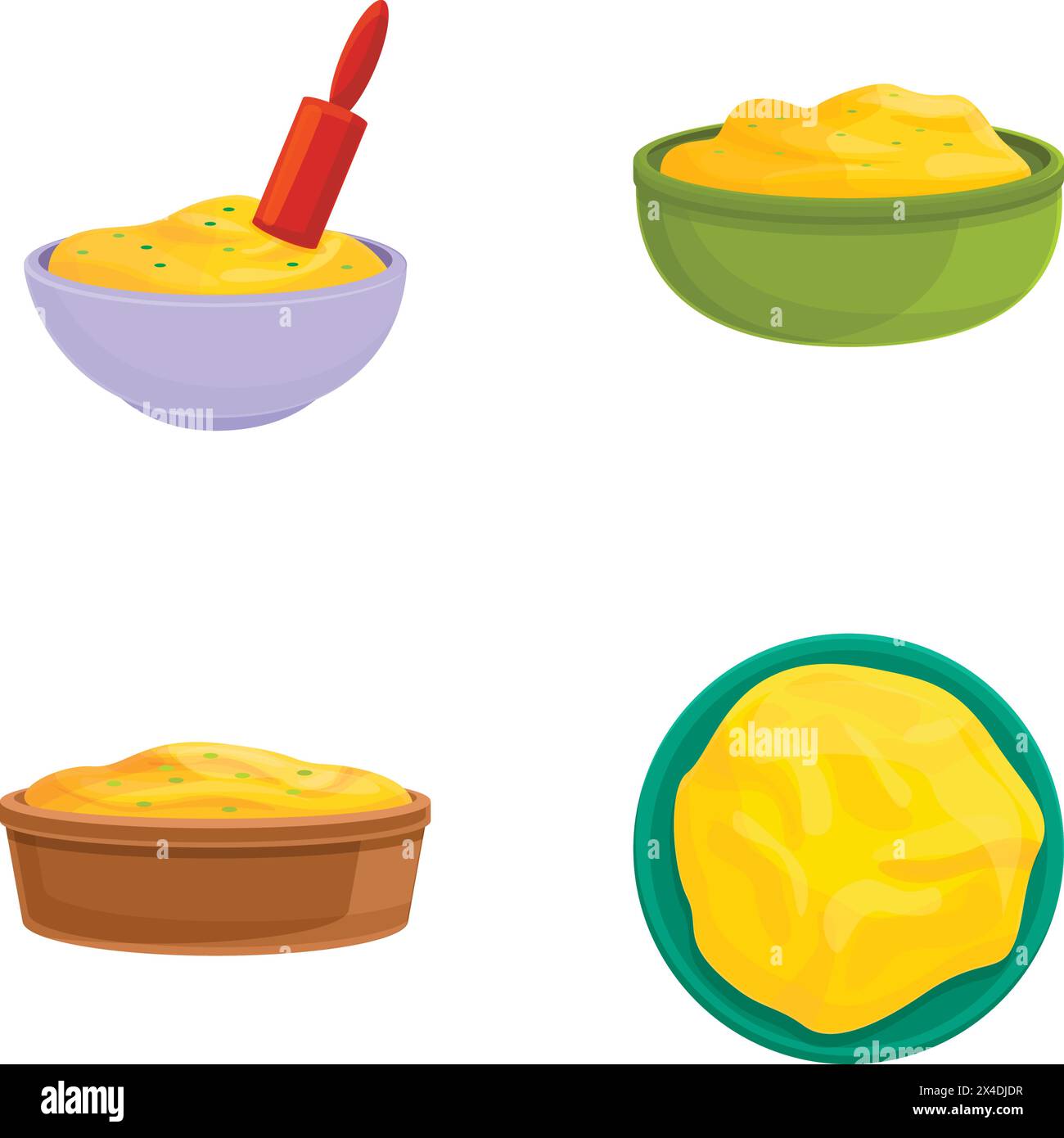 Potato dish icons set cartoon vector. Fresh mashed potato on bowl. Food ...
