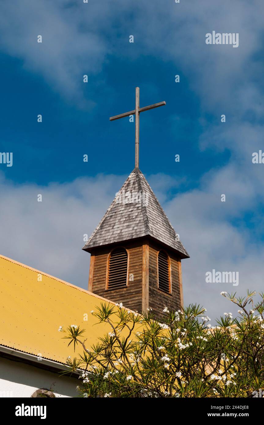 Tropical plants frame a church steeple above a bright yellow roof in Le ...