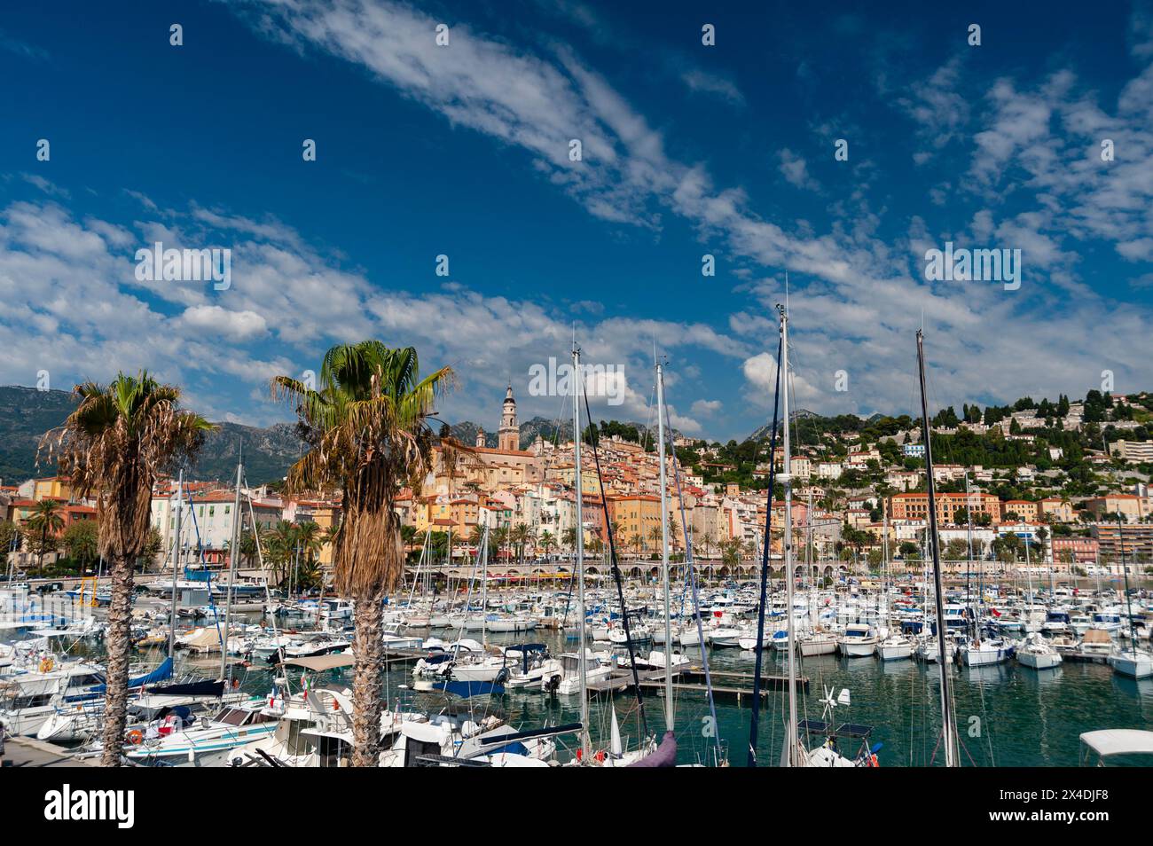 Menton and the boat-filled harbor. Menton, Provence Alpes Cote d'Azur ...