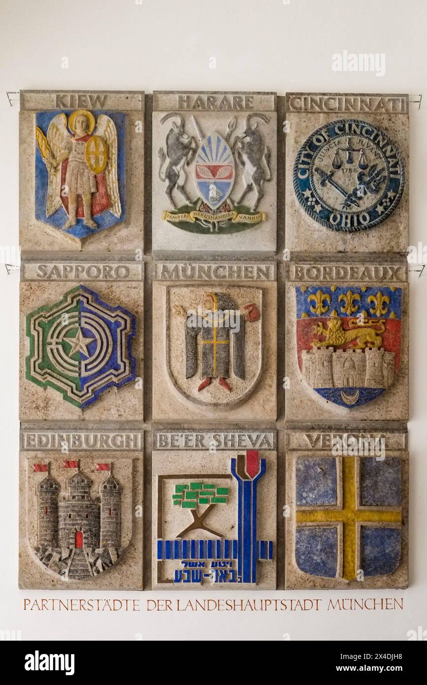 Munich, Germany. Plaques showing the sister cities of Munich ...