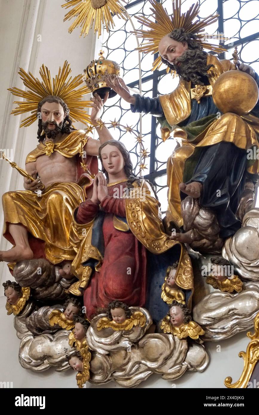 Munich, Germany. Cathedral interior. Jesus, Mary and God sculpture ...
