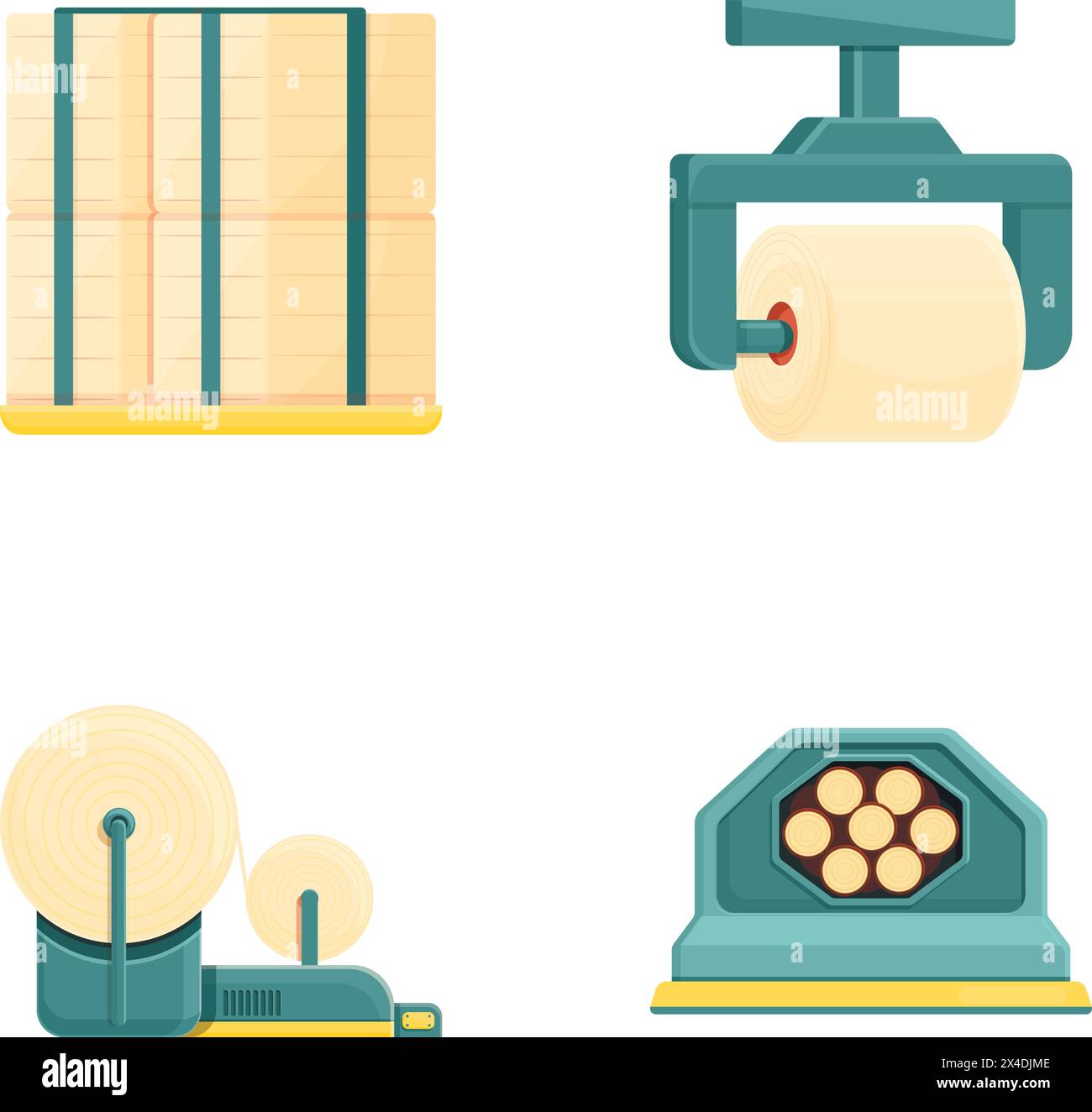 Paper manufacturing icons set cartoon vector. Equipment for paper ...