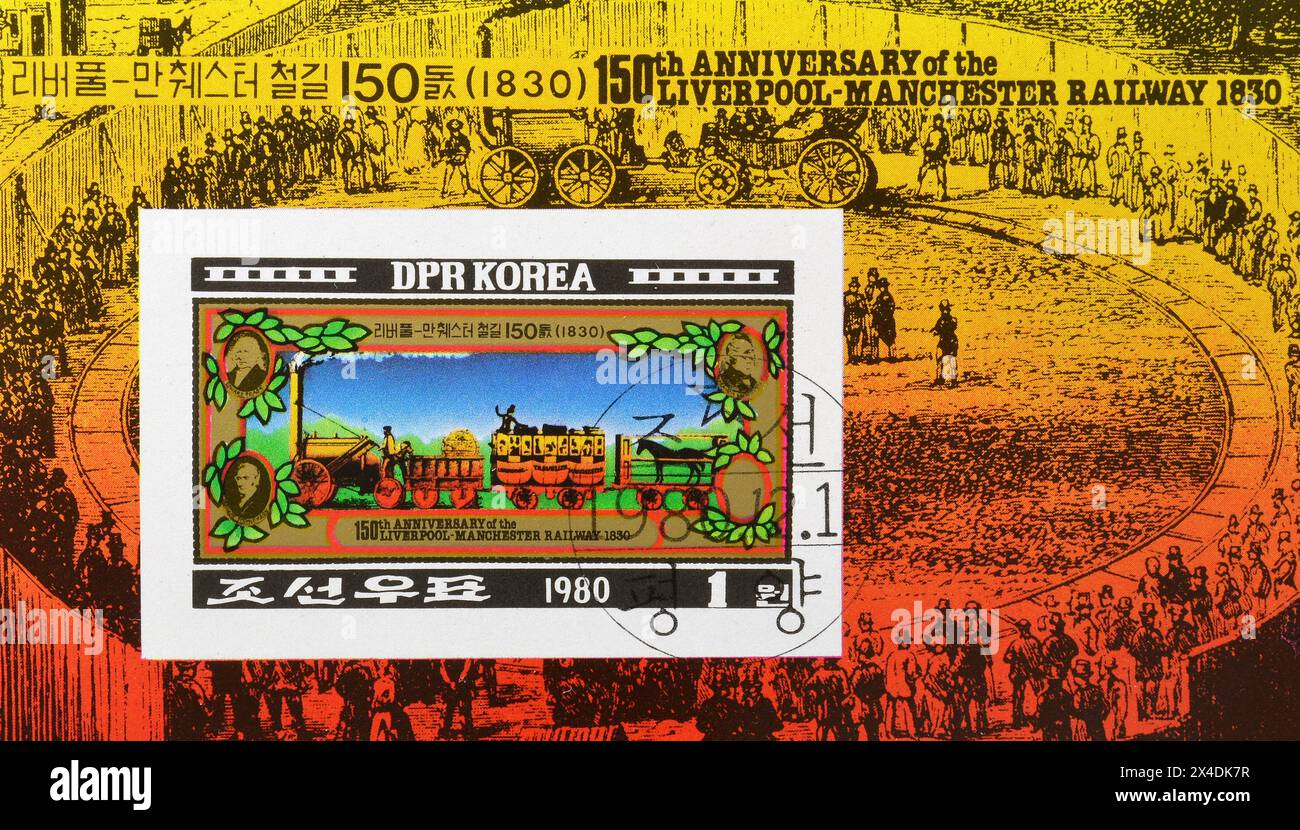 Souvenir Sheet with cancelled postage stamp printed by North Korea ...