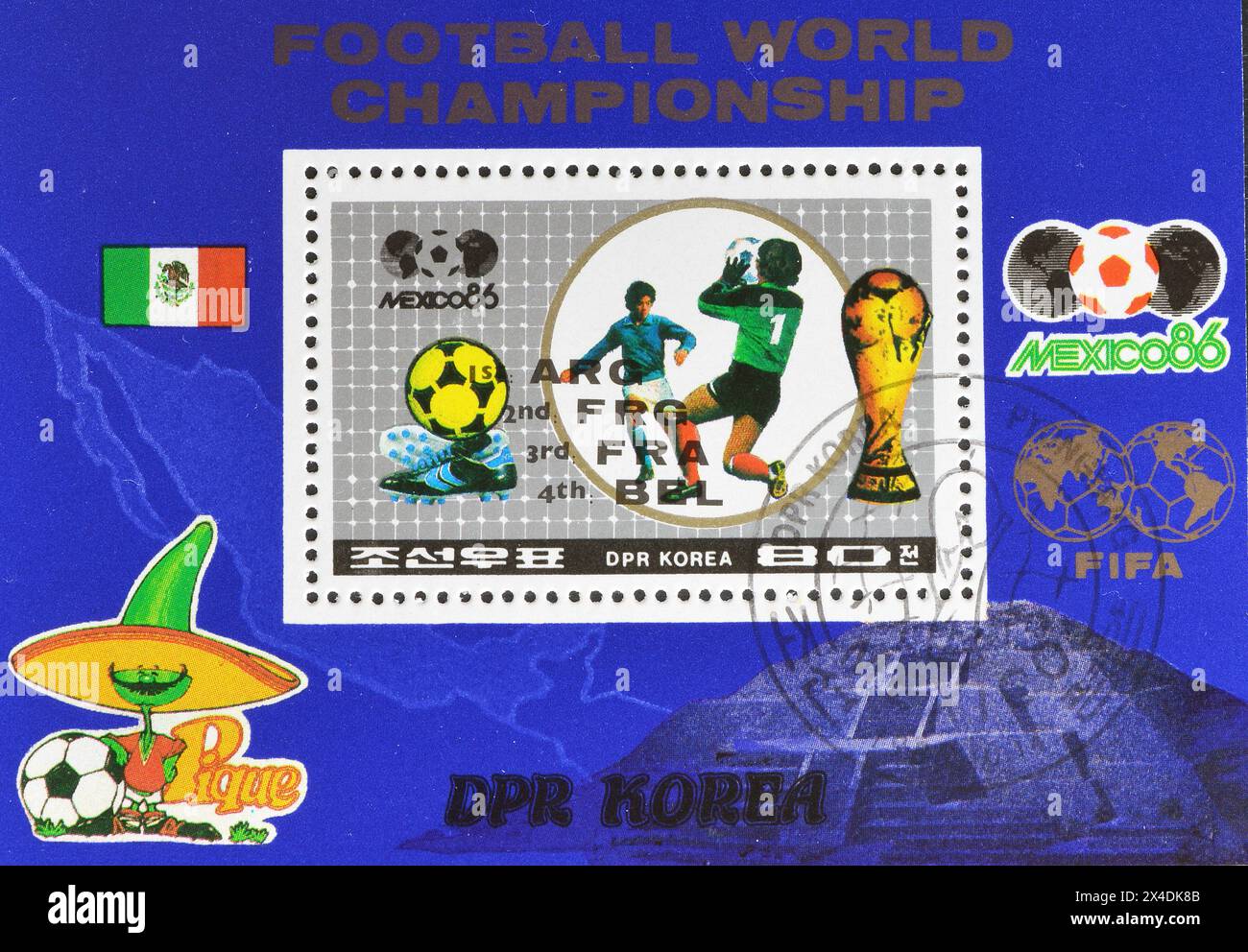 Souvenir Sheet with cancelled postage stamp printed by North Korea ...