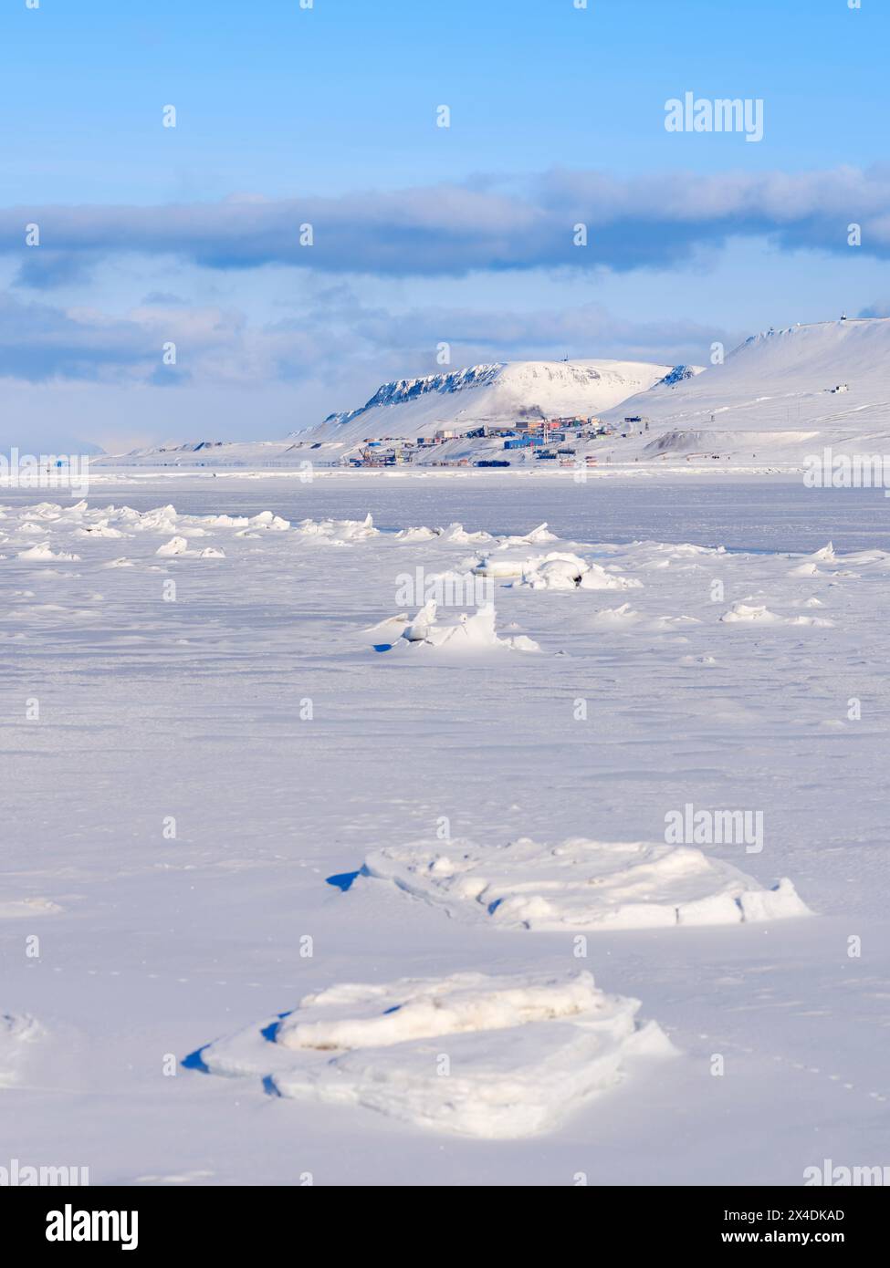 Russian coal mining town Barentsburg at fjord Gronfjorden. The coal ...