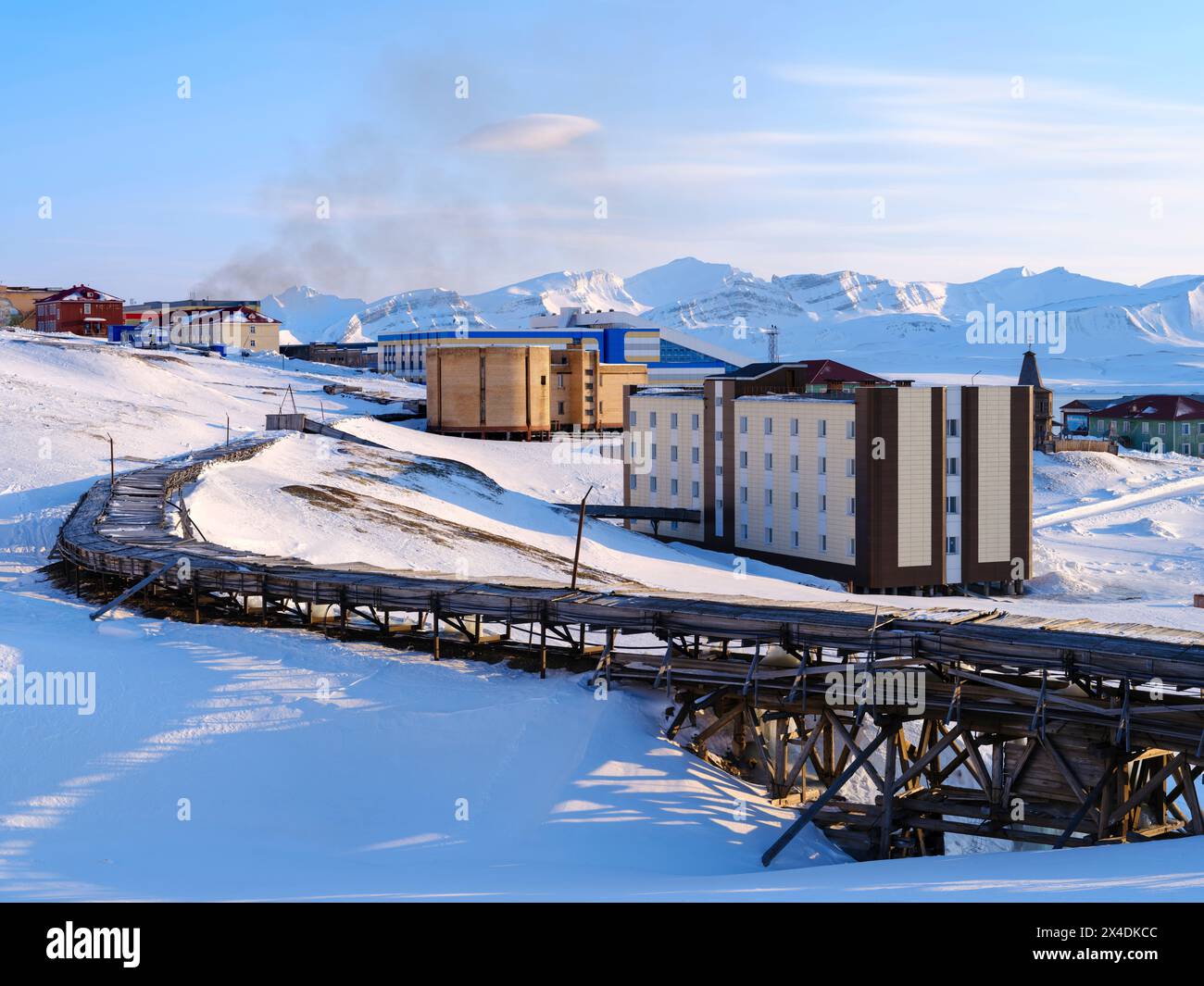 Russian coal mining town Barentsburg at fjord Gronfjorden. The coal ...