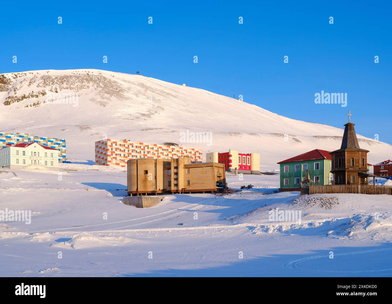 Russian coal mining town Barentsburg at fjord Gronfjorden. The coal ...
