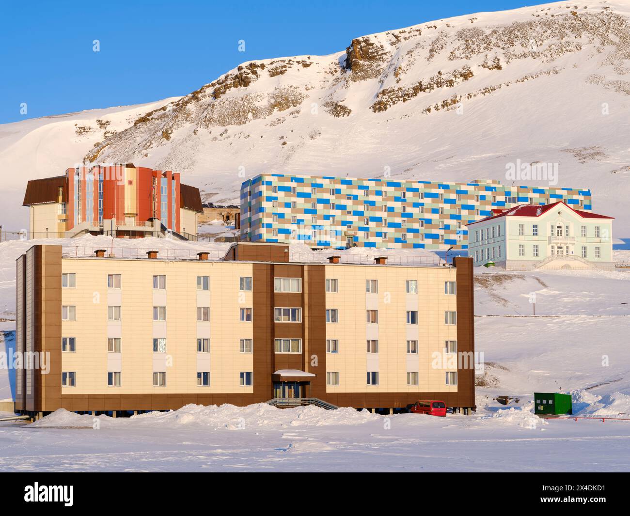 Russian coal mining town Barentsburg at fjord Gronfjorden. The coal ...