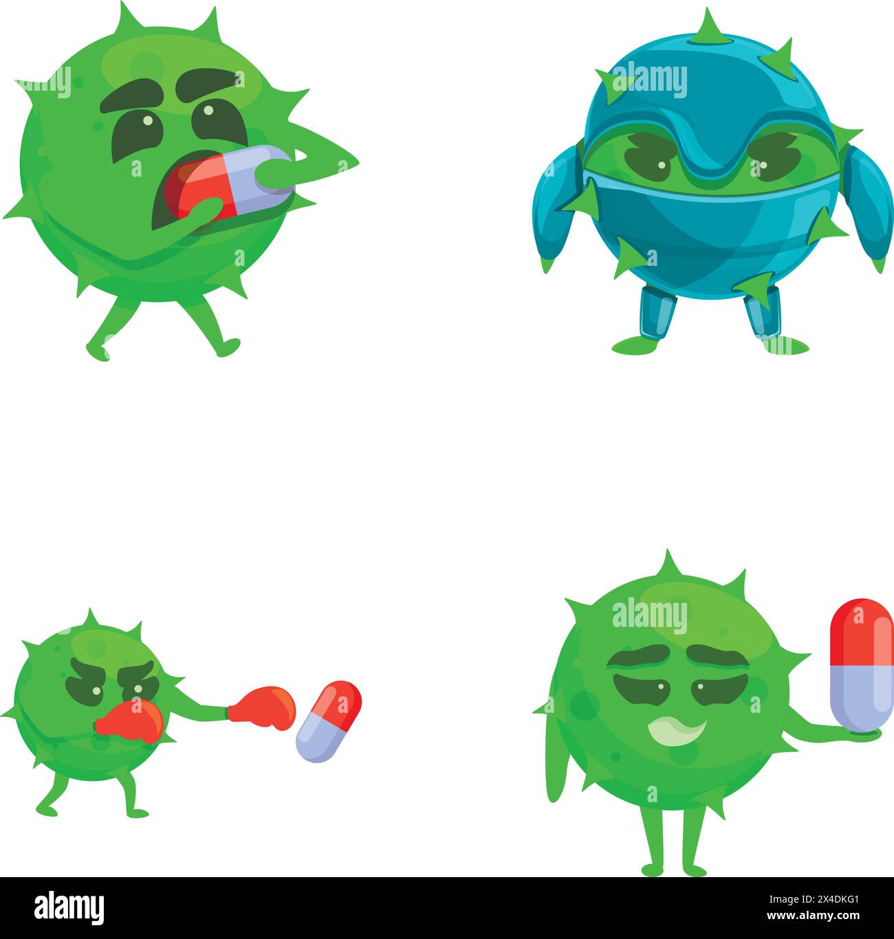 Drug resistance icons set cartoon vector. Bacteria or virus defeating ...