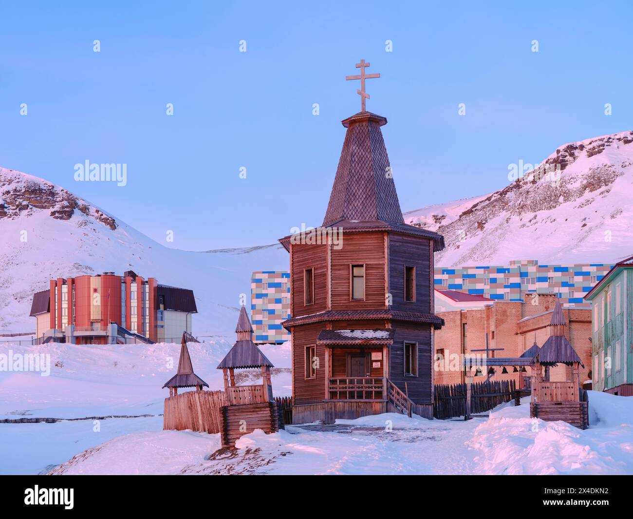 The Russian orthodox church. Russian coal mining town Barentsburg at ...
