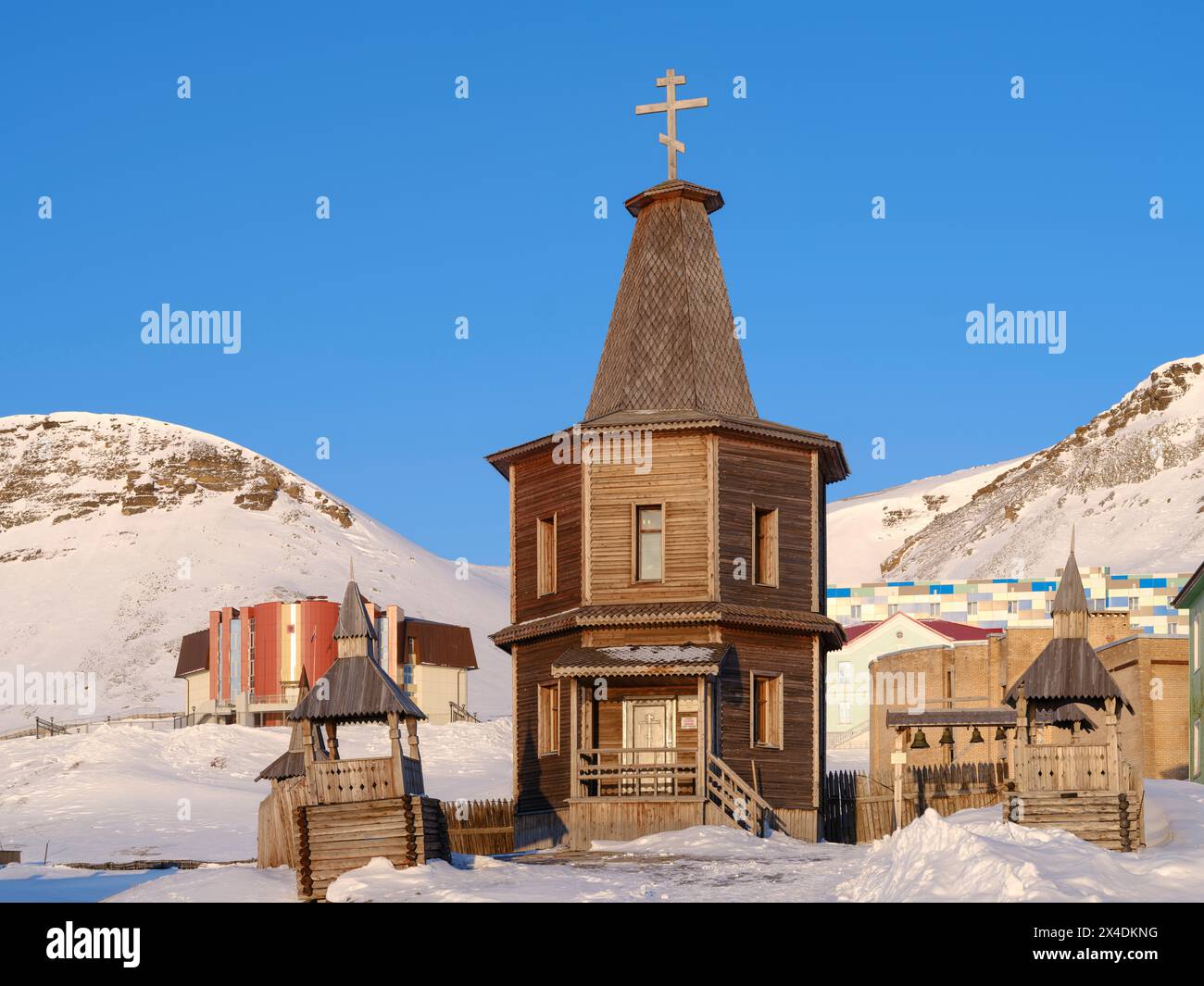 The Russian orthodox church. Russian coal mining town Barentsburg at ...