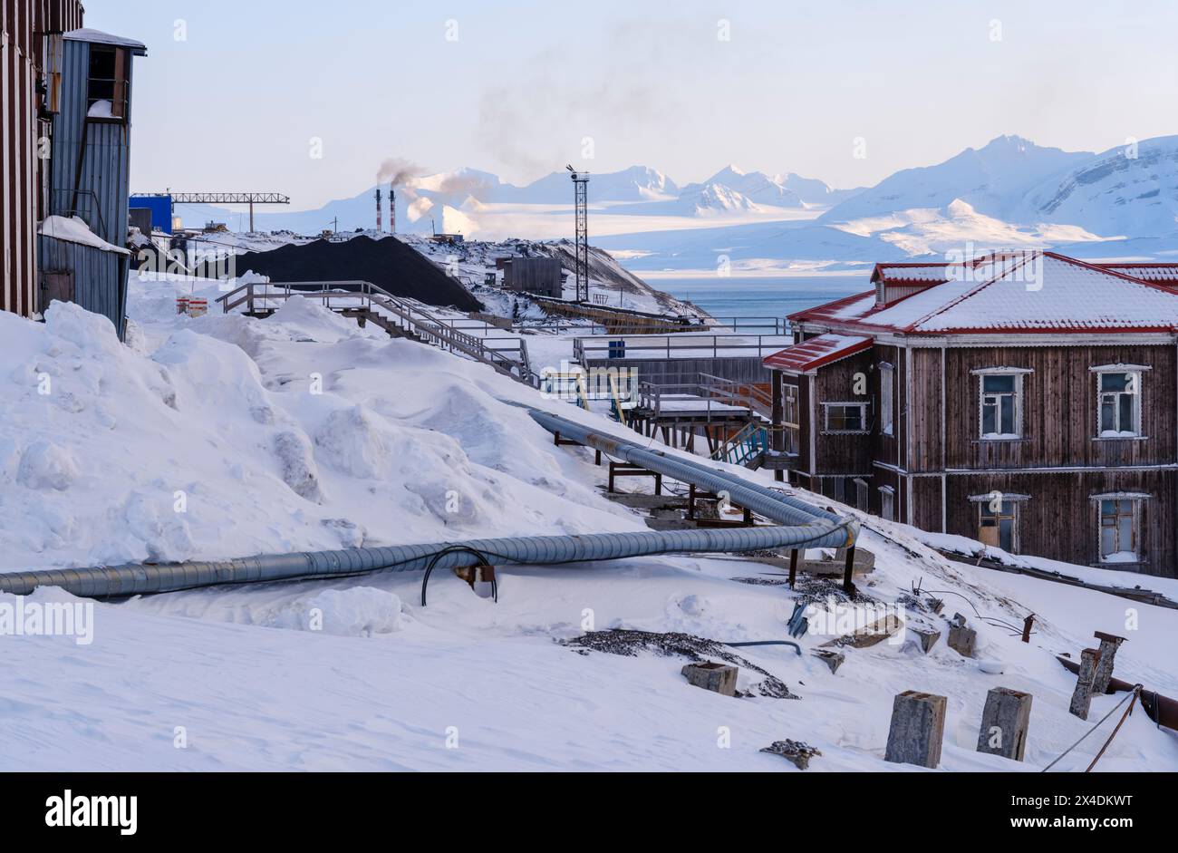 Russian coal mining town Barentsburg at fjord Gronfjorden. The coal ...