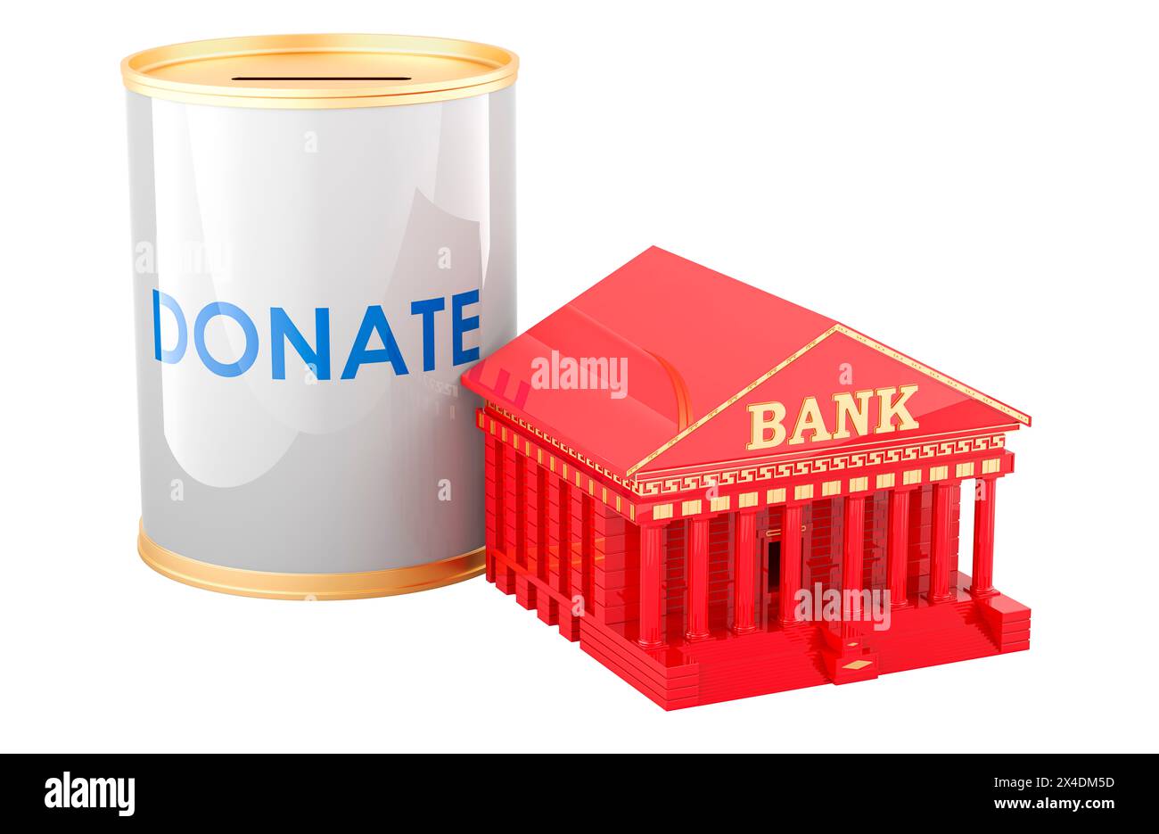 Donation can with bank building, 3D rendering isolated on white ...