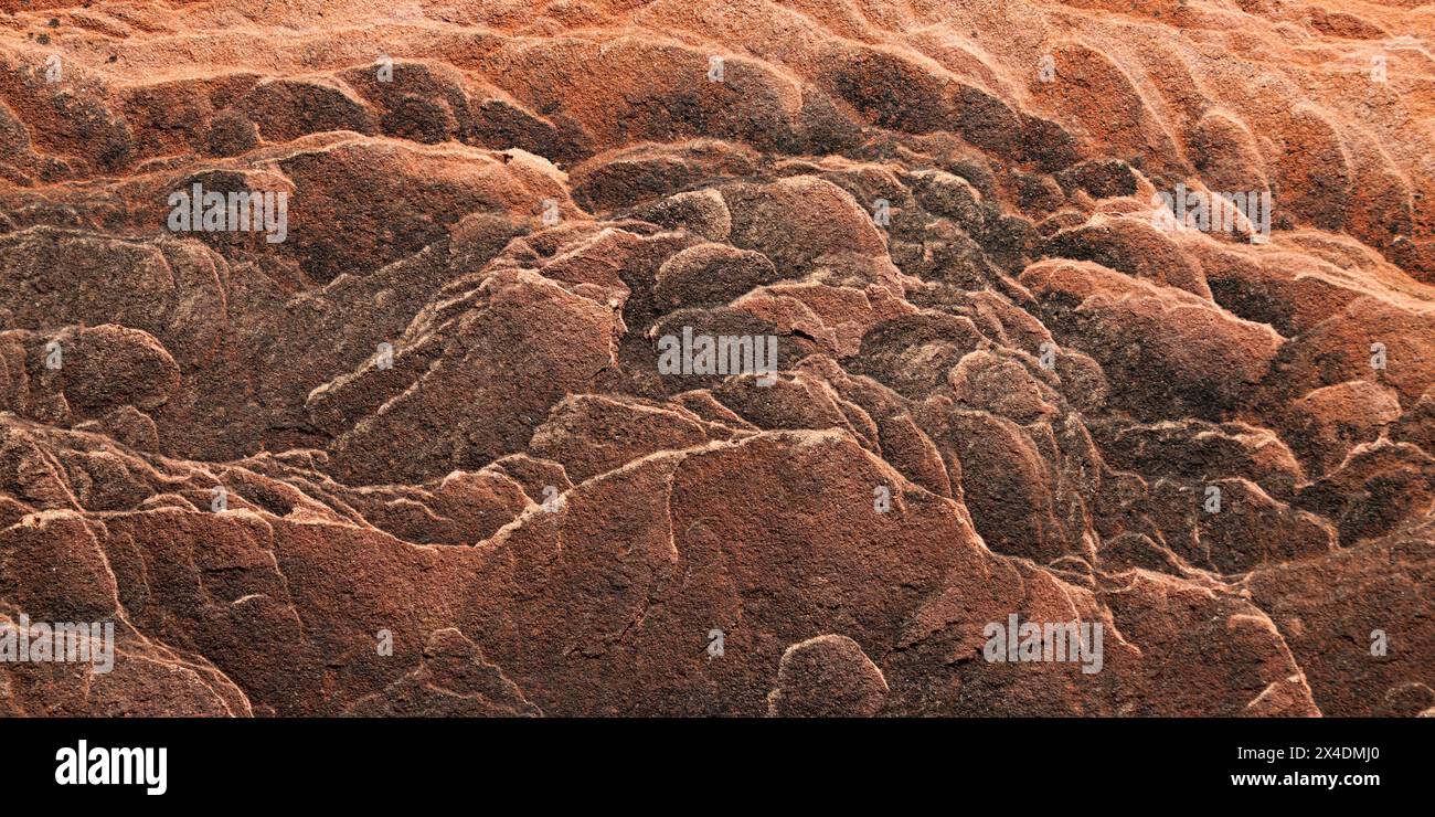 A section of ancient sandstone sediment showing eroded layers in a ...