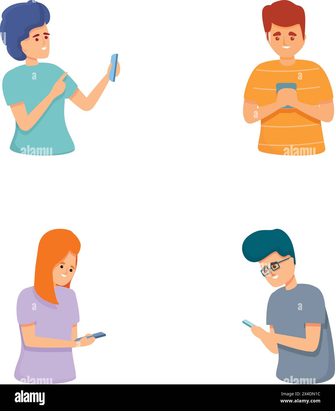 Smartphone addiction icons set cartoon vector. Young people looking at ...