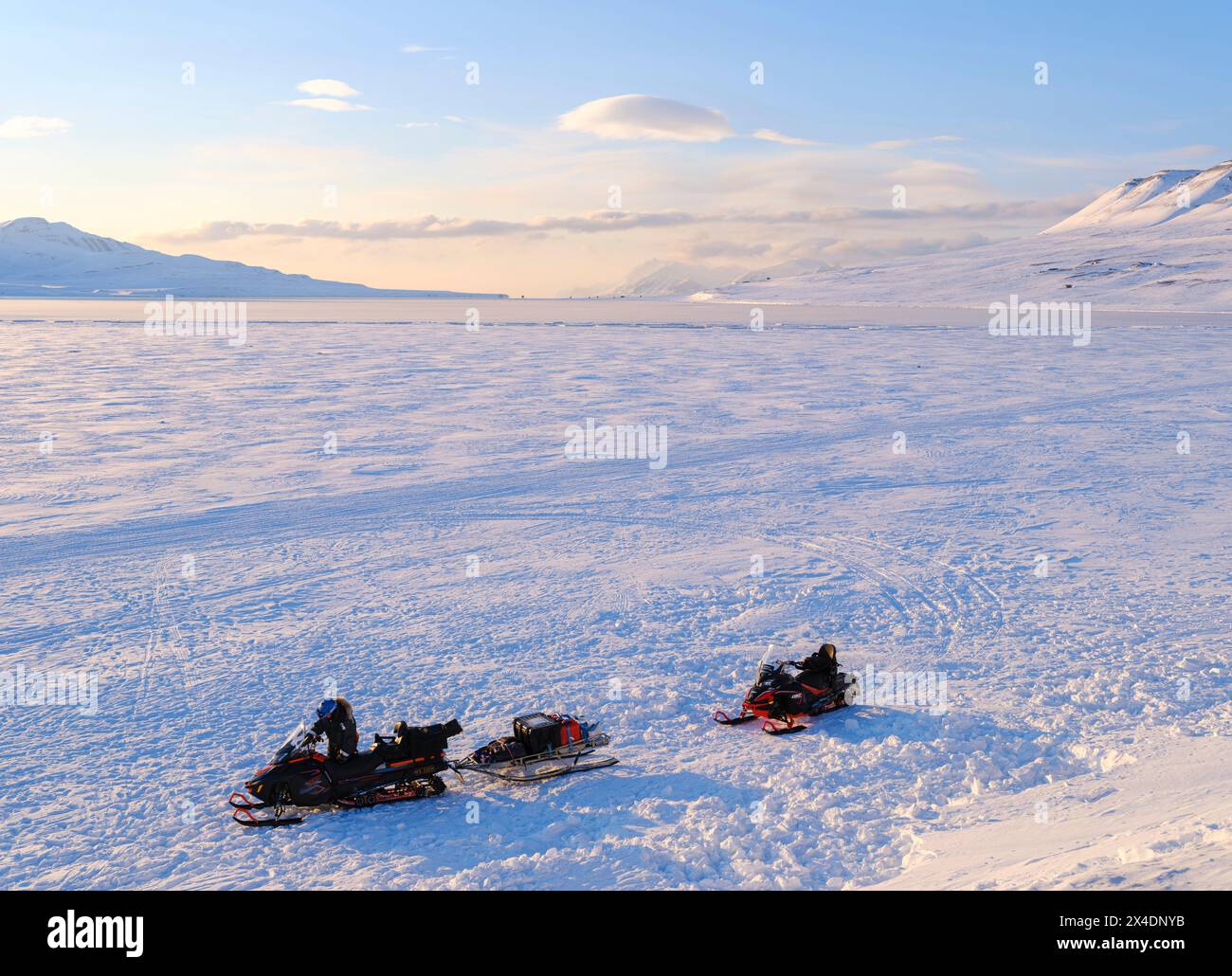 Refueling of snowmobiles. Landscape in Gronfjorden, Island of ...