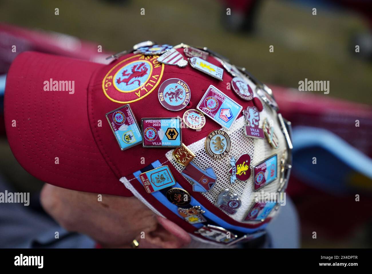 A hat covered in Aston Villa pin badges outside the ground as the team ...