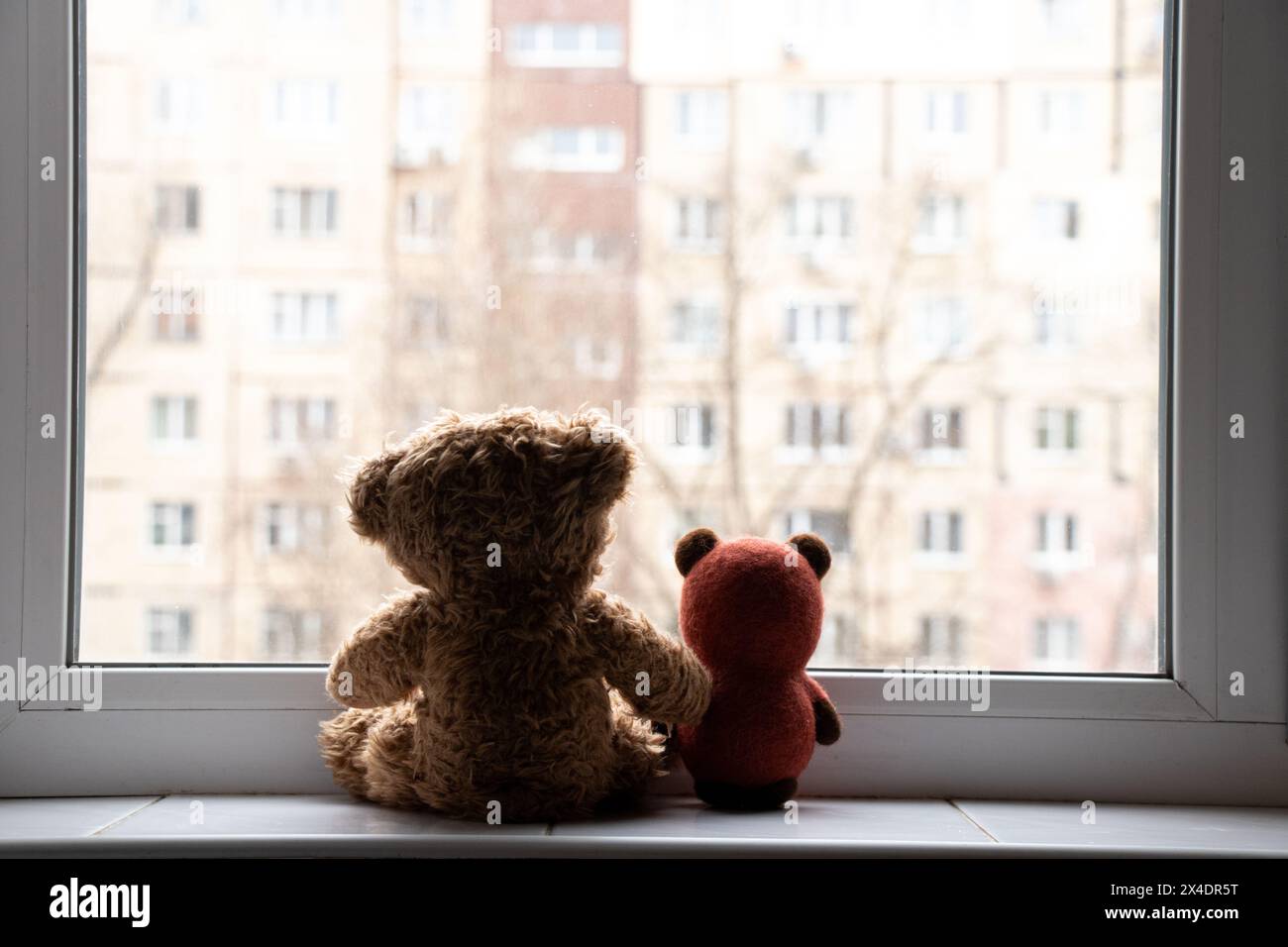 Children's soft toys sit on the window and look out the window, toys ...
