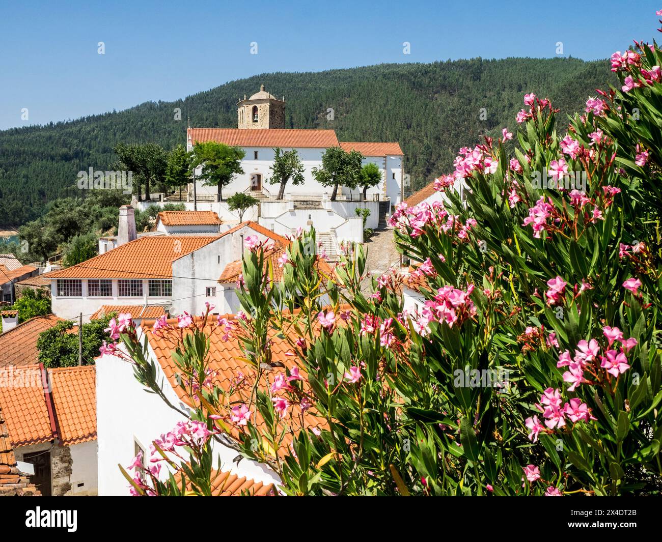 The riverside town of Dornes located on the Zezere river with the dome ...
