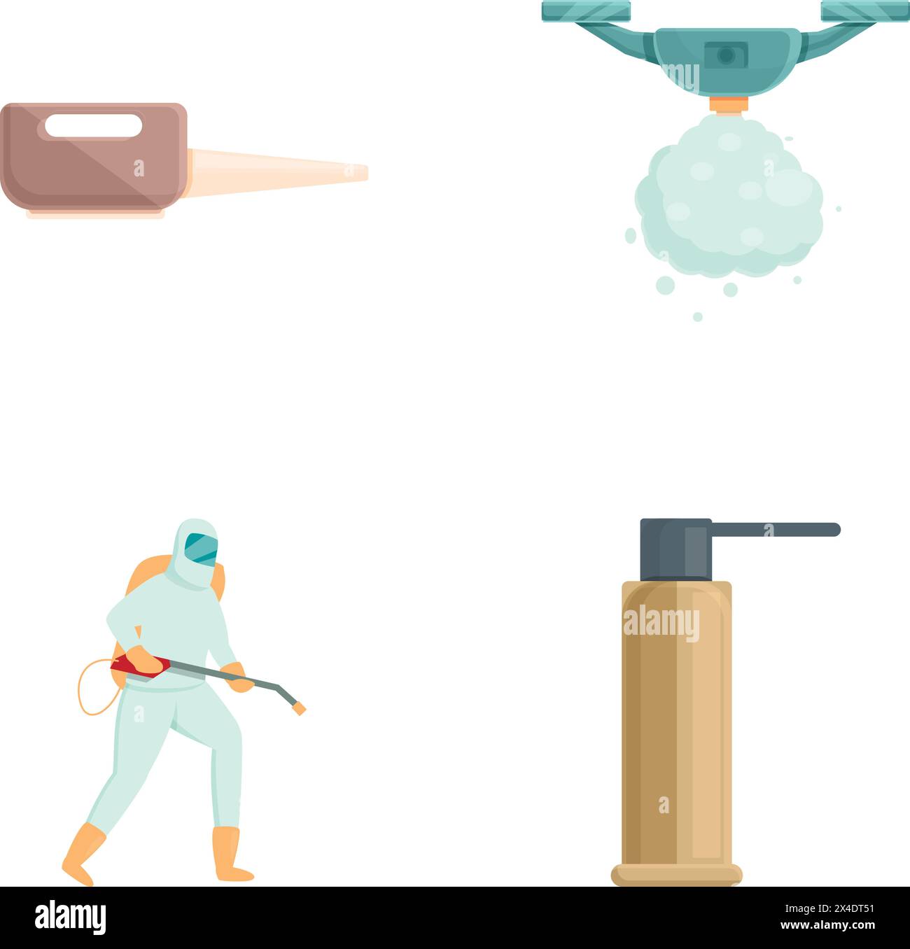 Insect control icons set cartoon vector. Disinfector man in protective ...