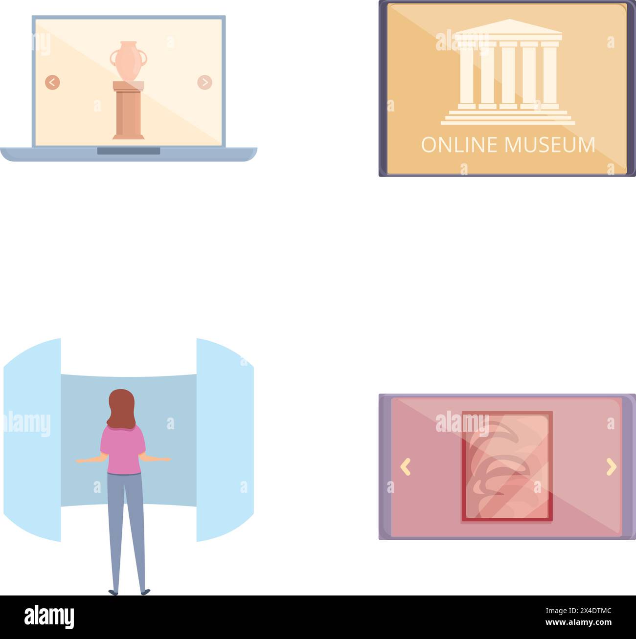 Online museum icons set cartoon vector. Virtual museum online and art ...