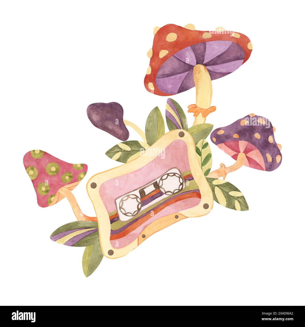 Retro hippie trippy audiotape and mushroom 70s style. Hippie vibes ...