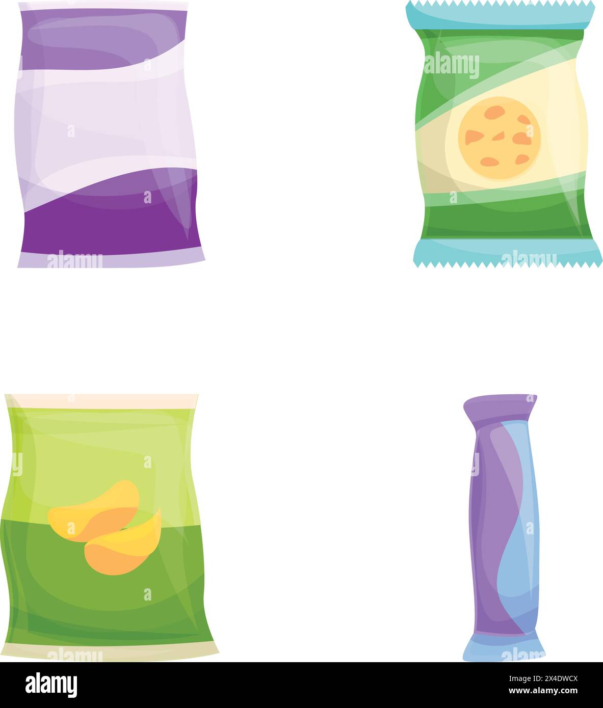 Snack icons set cartoon vector. Various type of packaged snack ...