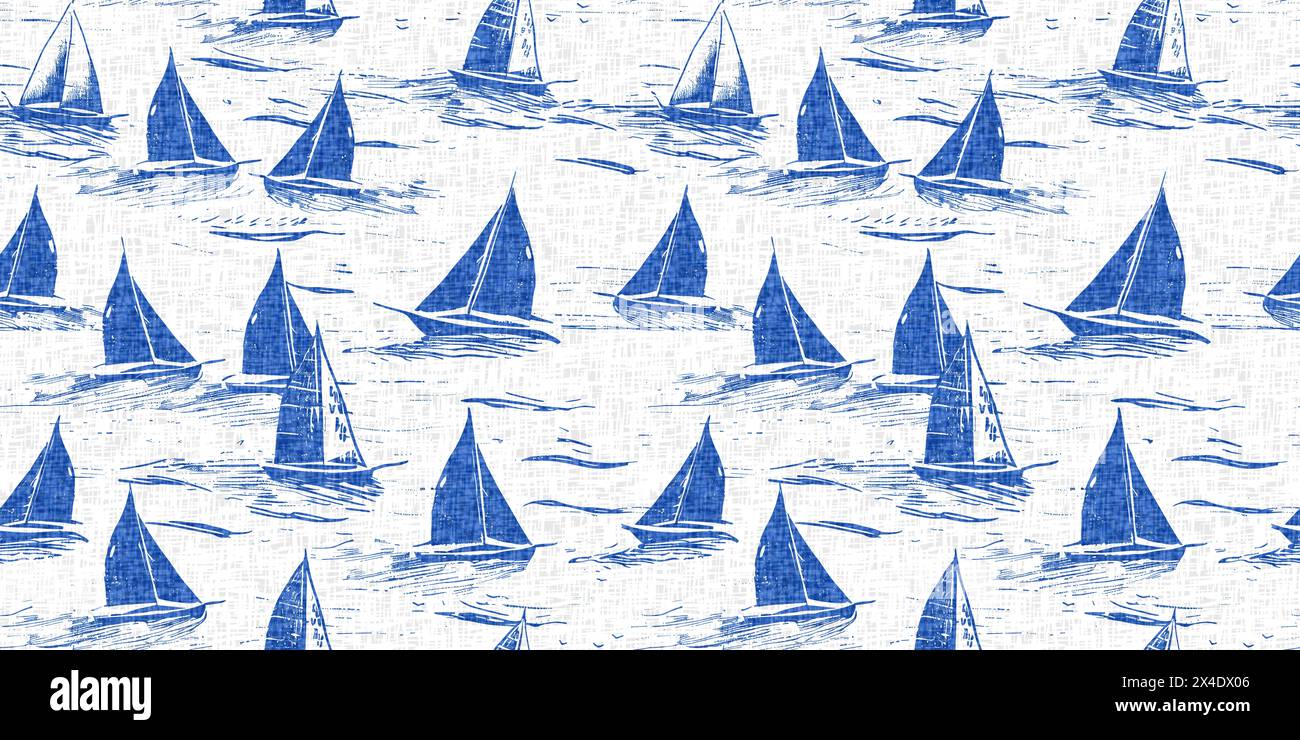 Coastal sail boat in azure ocean blue seamless border background ...