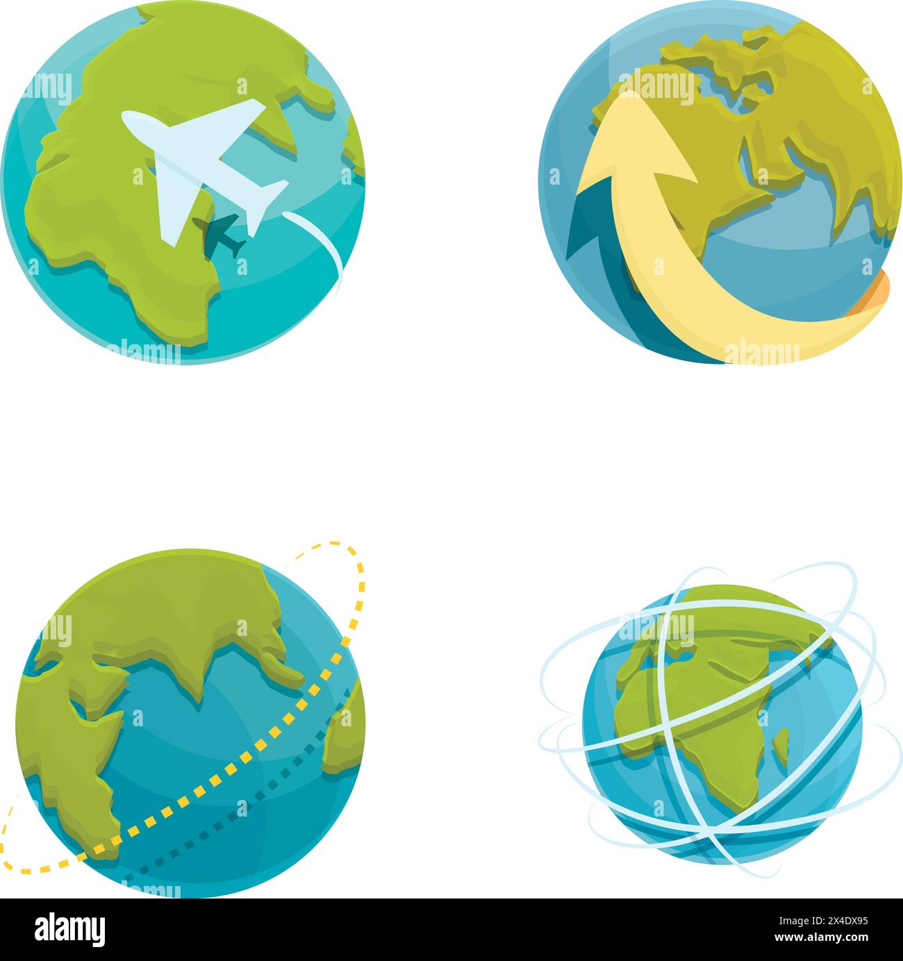 Around globe icons set cartoon vector. Passenger plane flies around earth. Travel around world ...
