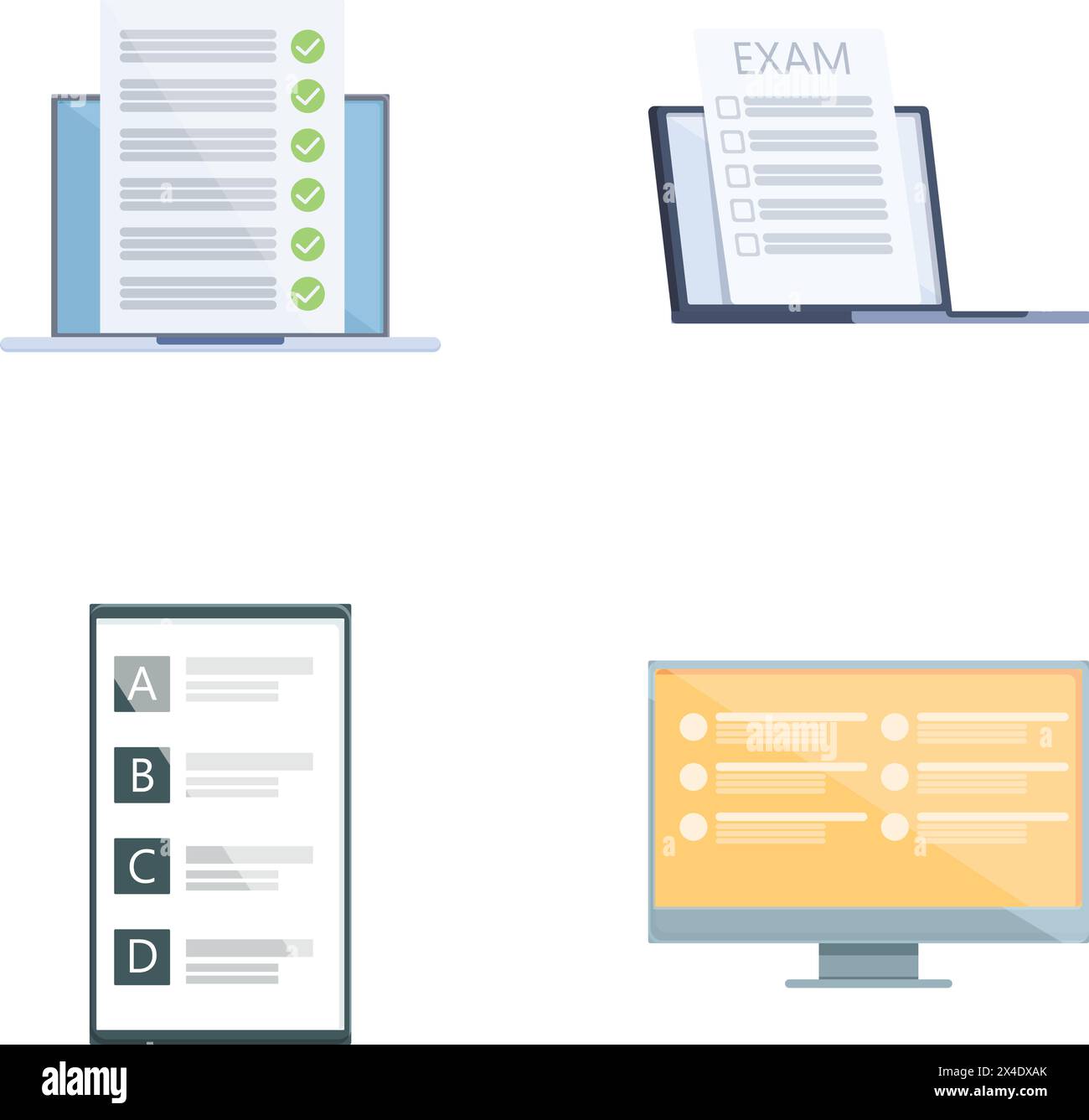 Online course icons set cartoon vector. Taking exam or test on device ...