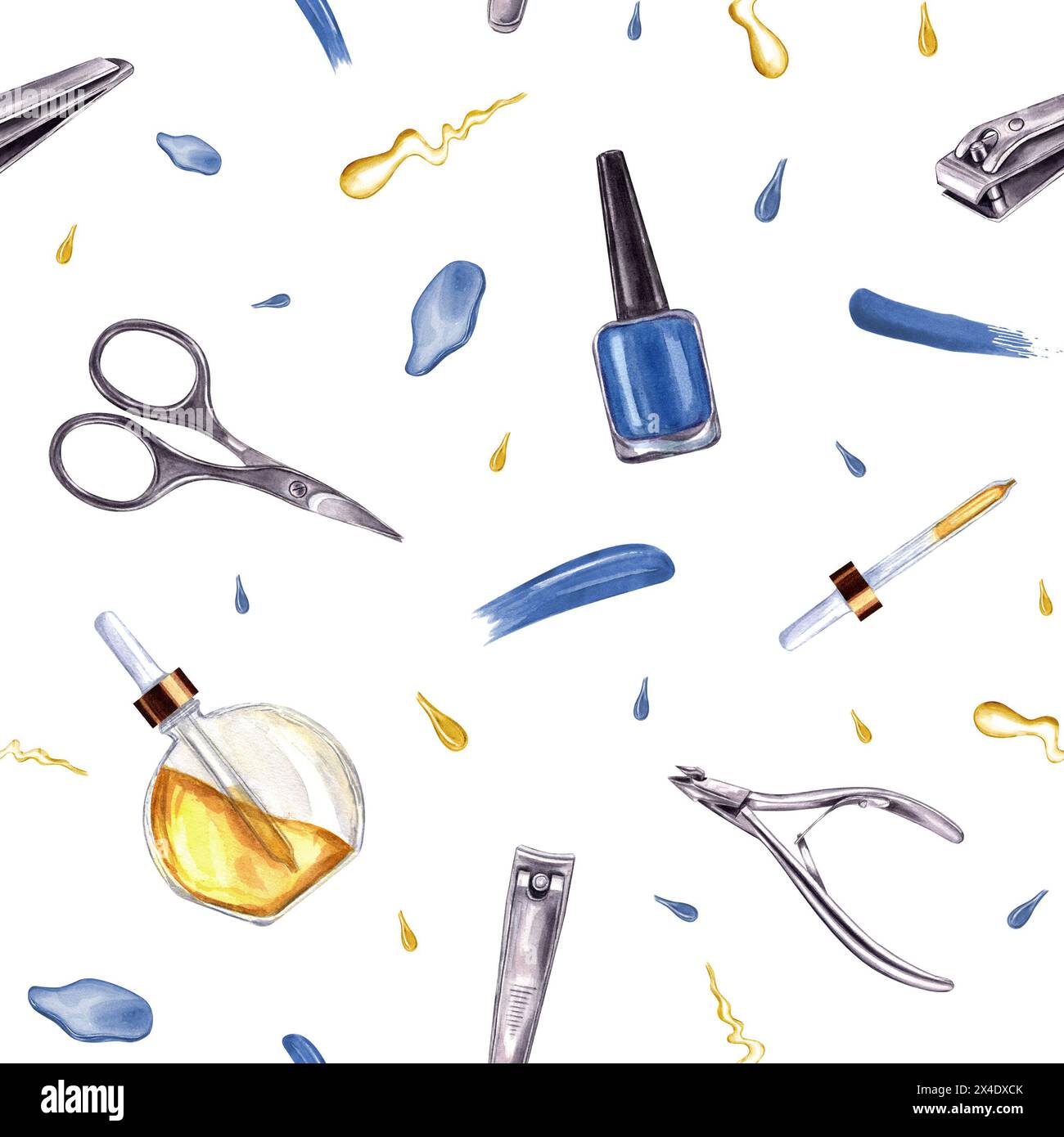 Manicure instruments with splashes. Nail blue polish, trimmer, cuticle ...